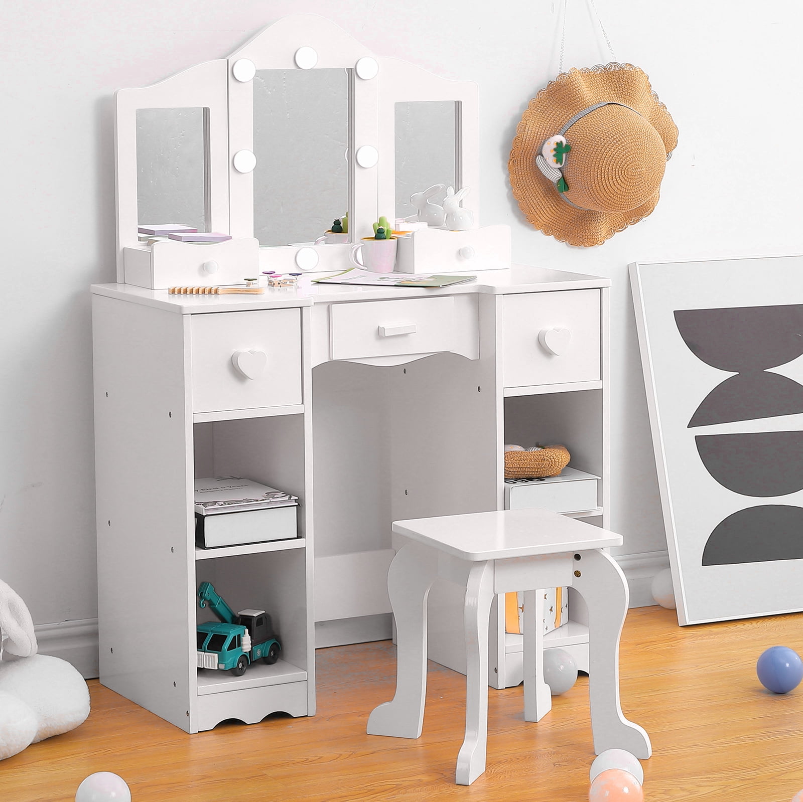 M optimized Girls Vanity Table with Mirror, Light, Stool & Drawer, 2 in ...