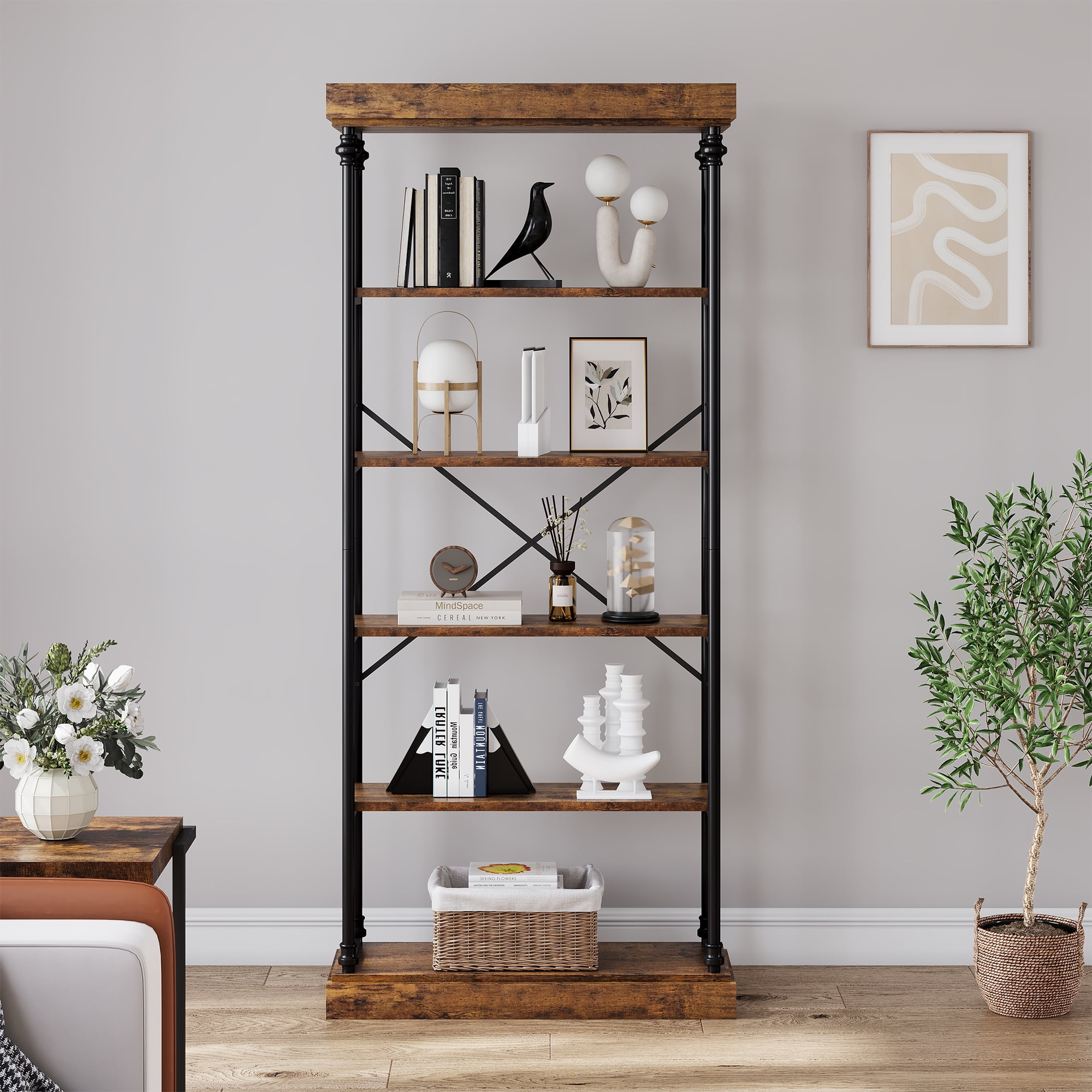 M optimized Industrial Bookshelf Wood Bookcase 6 Tier Storage Open Rack ...