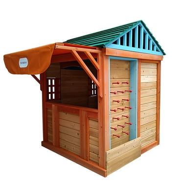 Qaba Outdoor Playhouse, Foldable Wooden Kids Cottage with Windows ...
