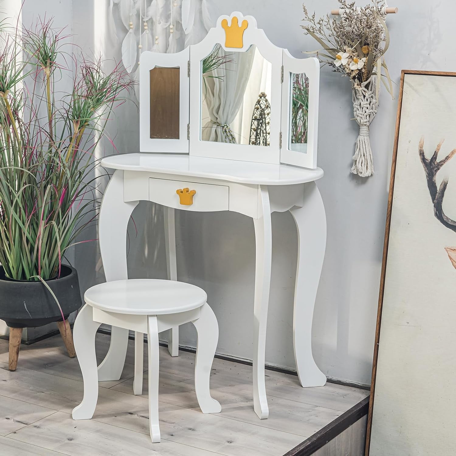 M optimized Kids Vanity, Girls Vanity Table with Tri-Folding Mirror ...