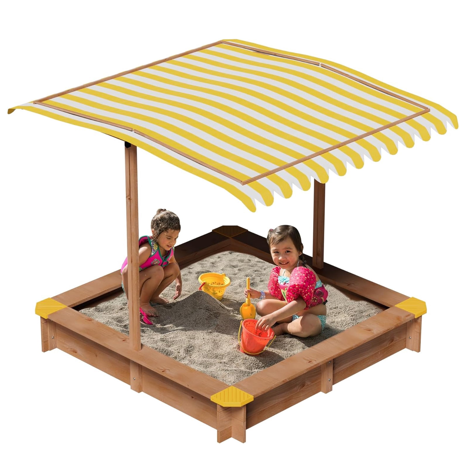 M optimized Kids Wooden Sandbox with Adjustable Canopy, 46.5" x 46.5 ...