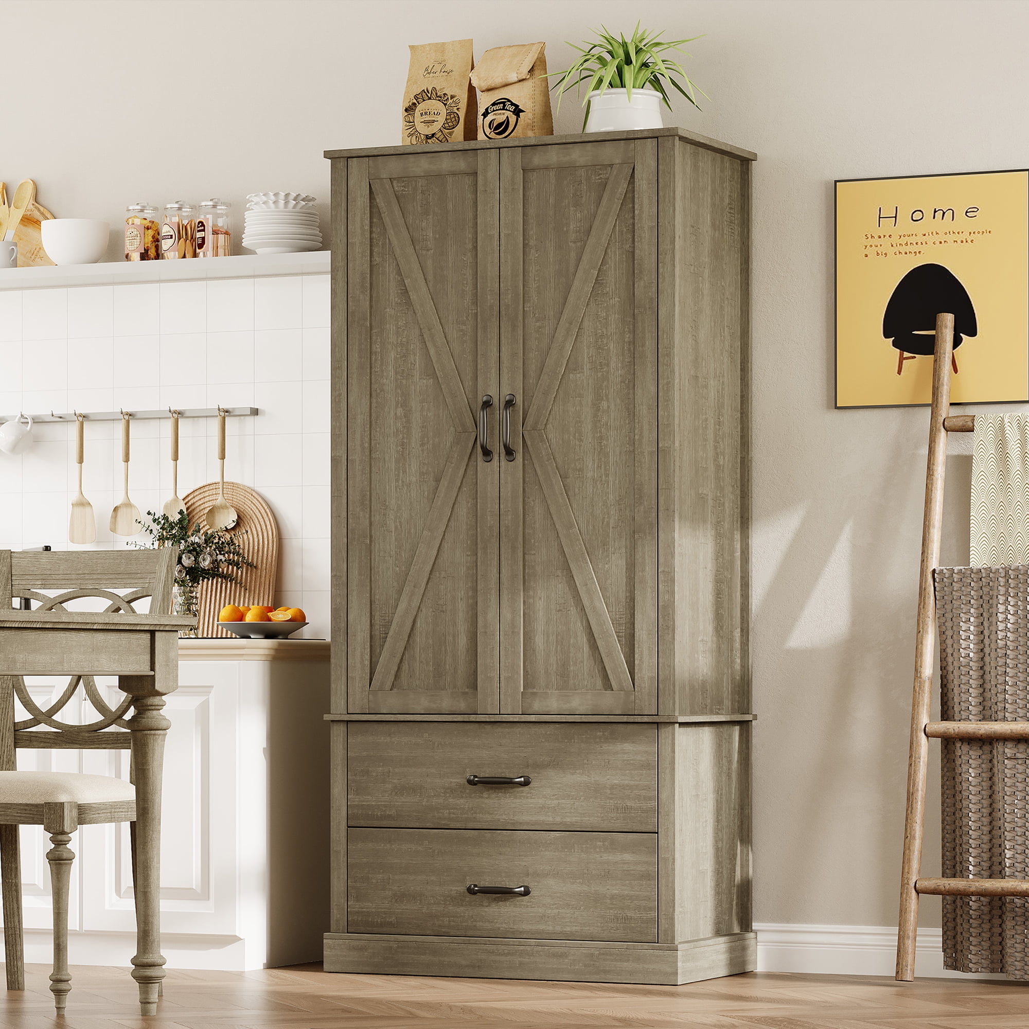 M optimized Kitchen Pantry Cabinet, Farmhouse Storage Cabinet with Barn ...