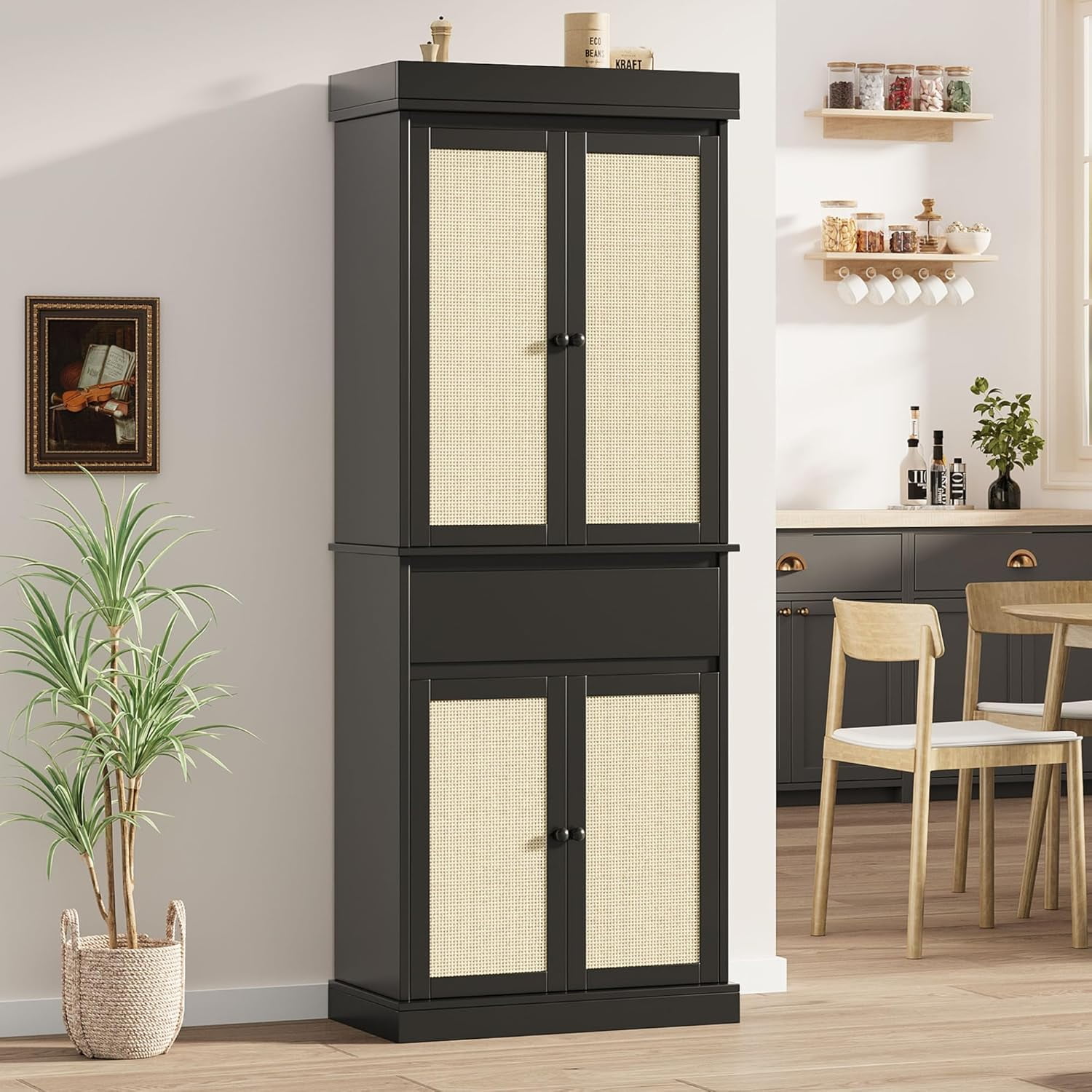 M optimized Kitchen Pantry Cabinet, Tall Storage Cabinet with Rattan ...