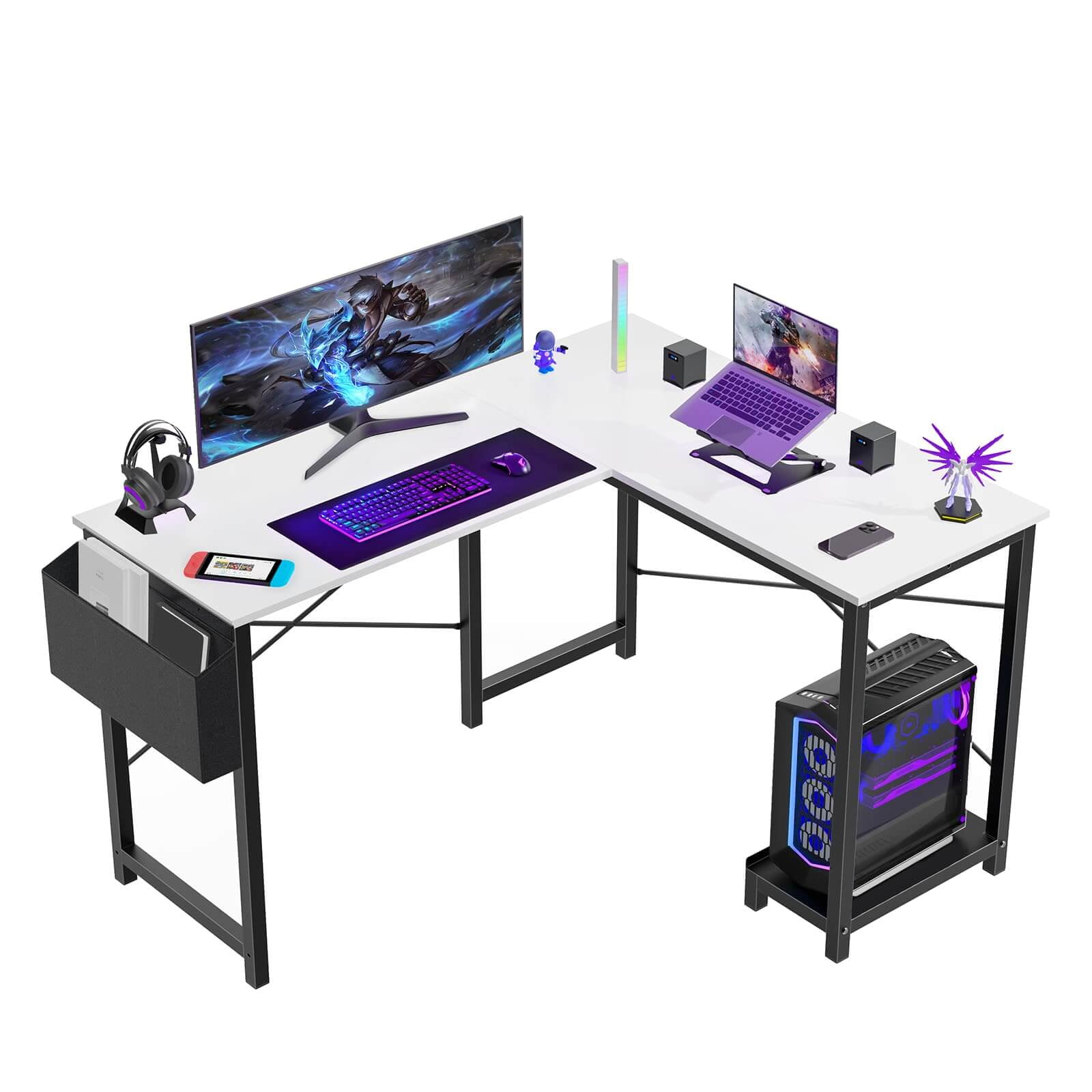 M optimized L-Shaped Computer Desk with Side Storage Bag, Wood Metal ...