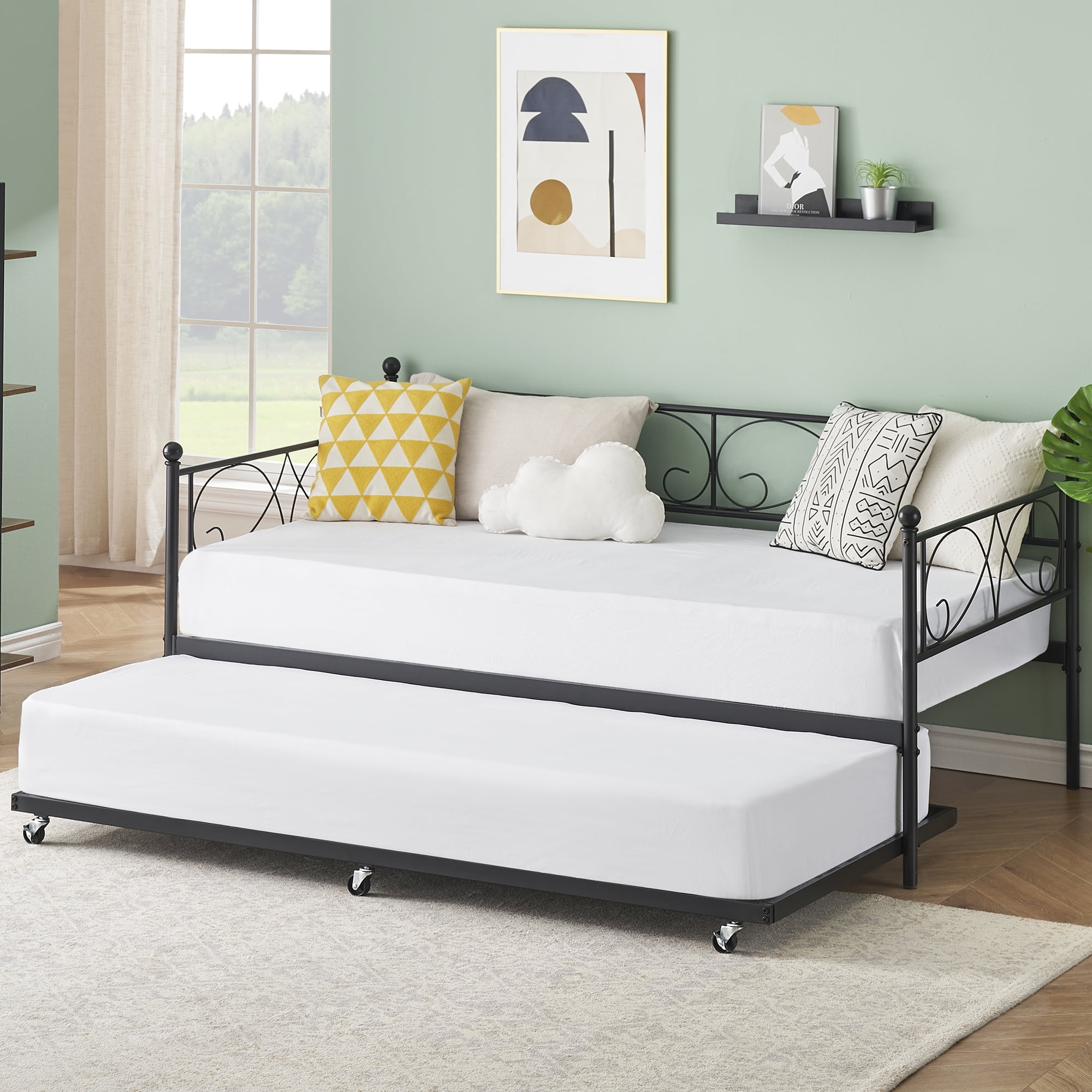 M optimized Metal Daybed Frame with Trundle Heavy-Duty Metal Slats ...