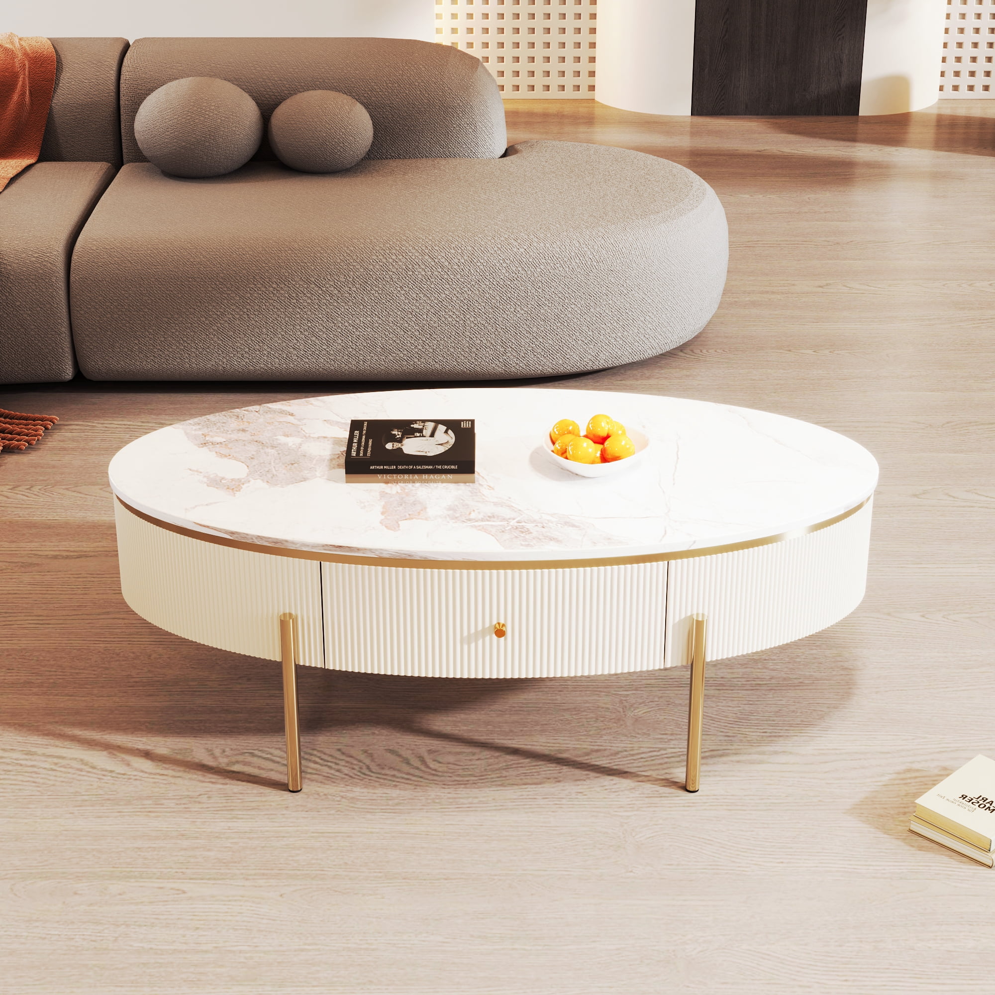 M optimized Modern Oval Coffee Table with 2 Large Drawers, Marble ...