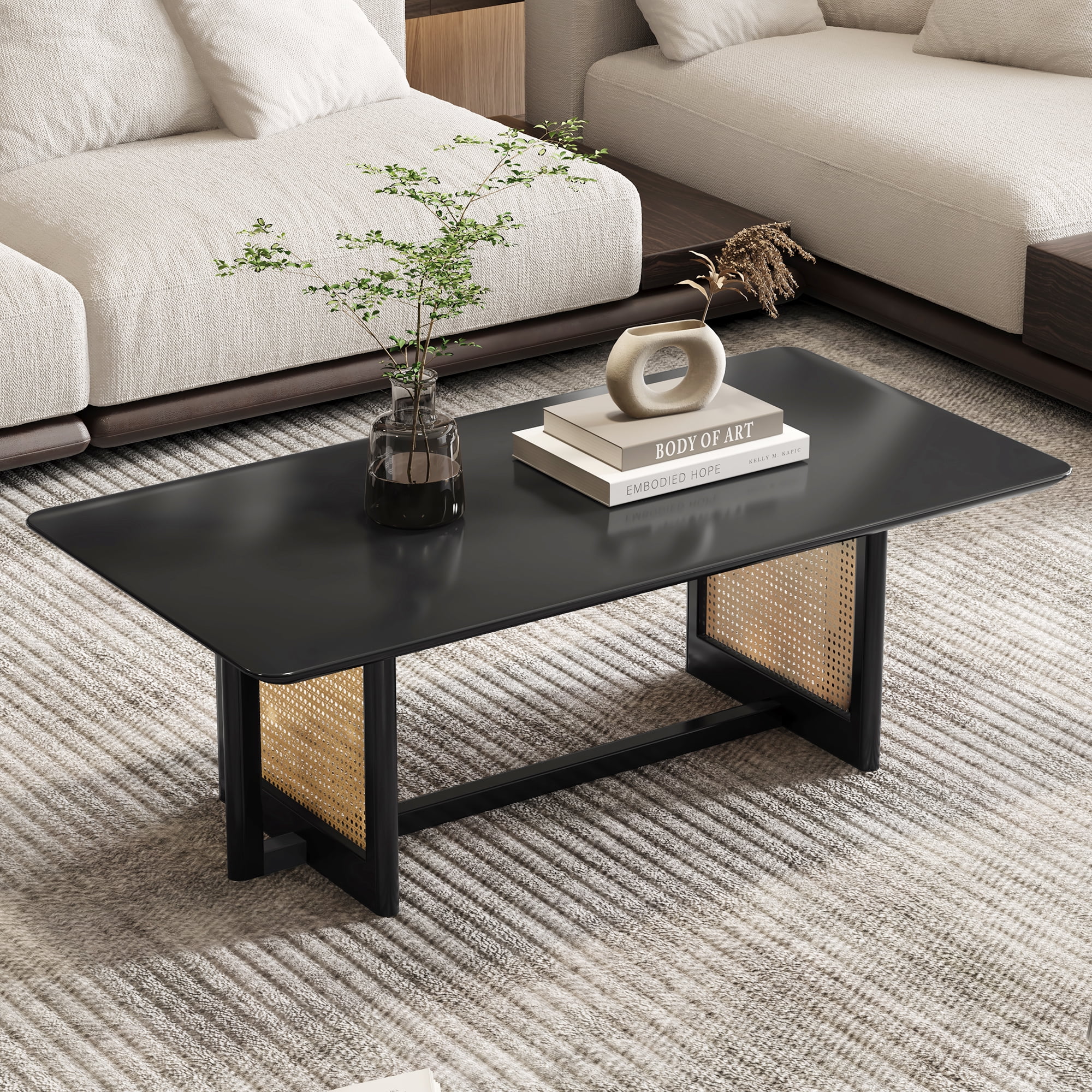 M optimized Modern Rattan Coffee Table Solid Wood Rectangular Low Table ...