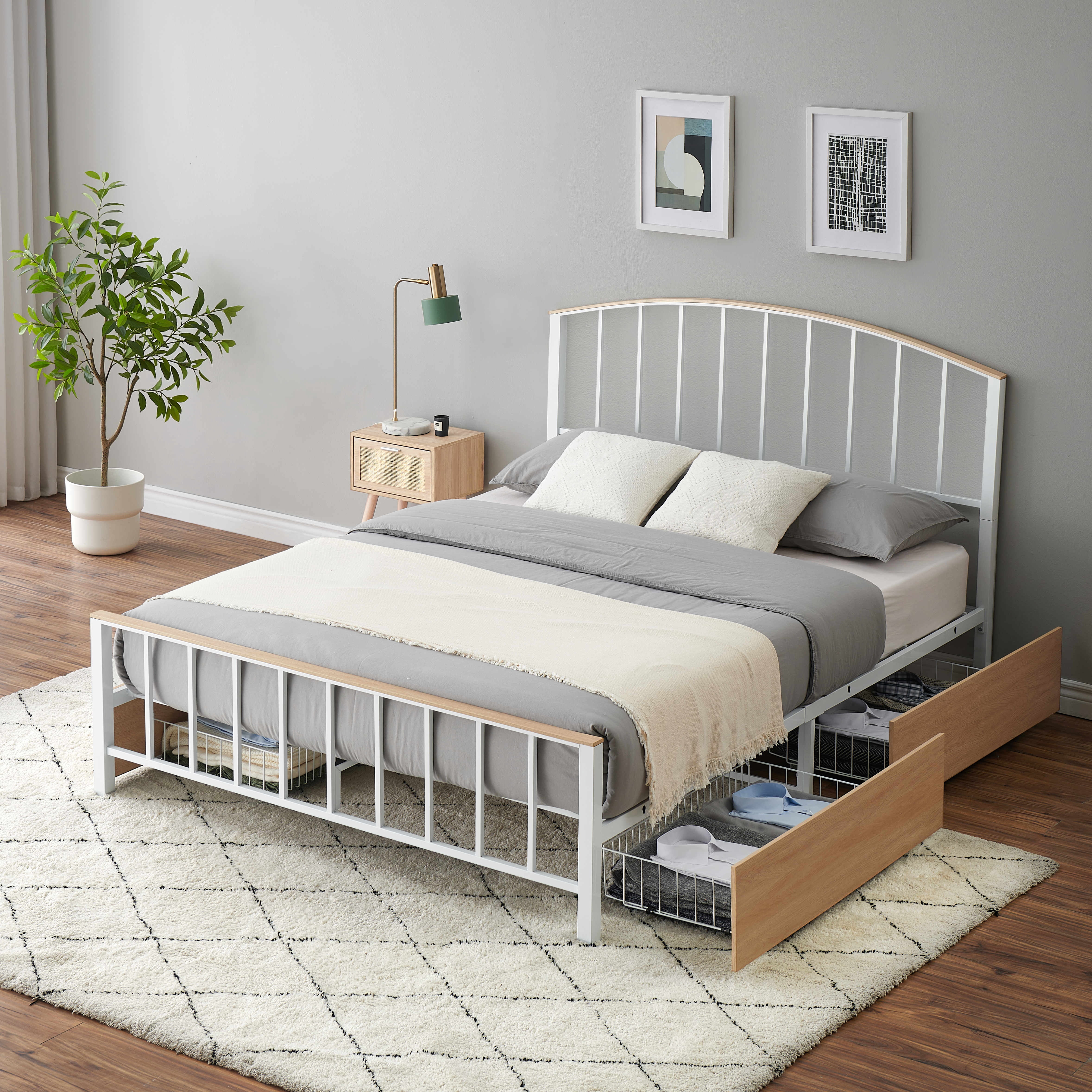 M optimized Modern Wood and Metal Bed Frame with 4 Storage Drawers ...