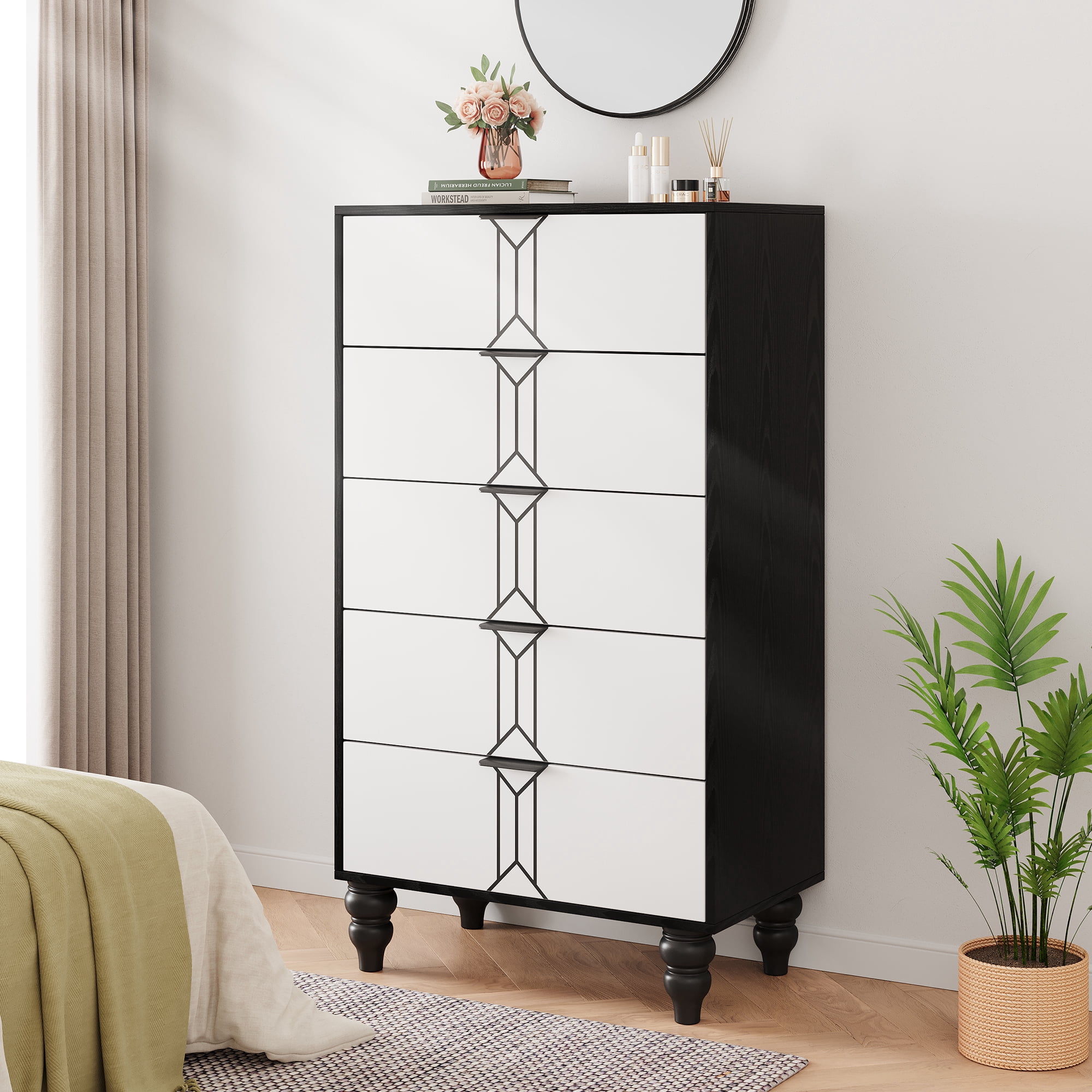 M optimized Modern Wooden 5 Drawer Dresser with Vintage Pattern Design ...