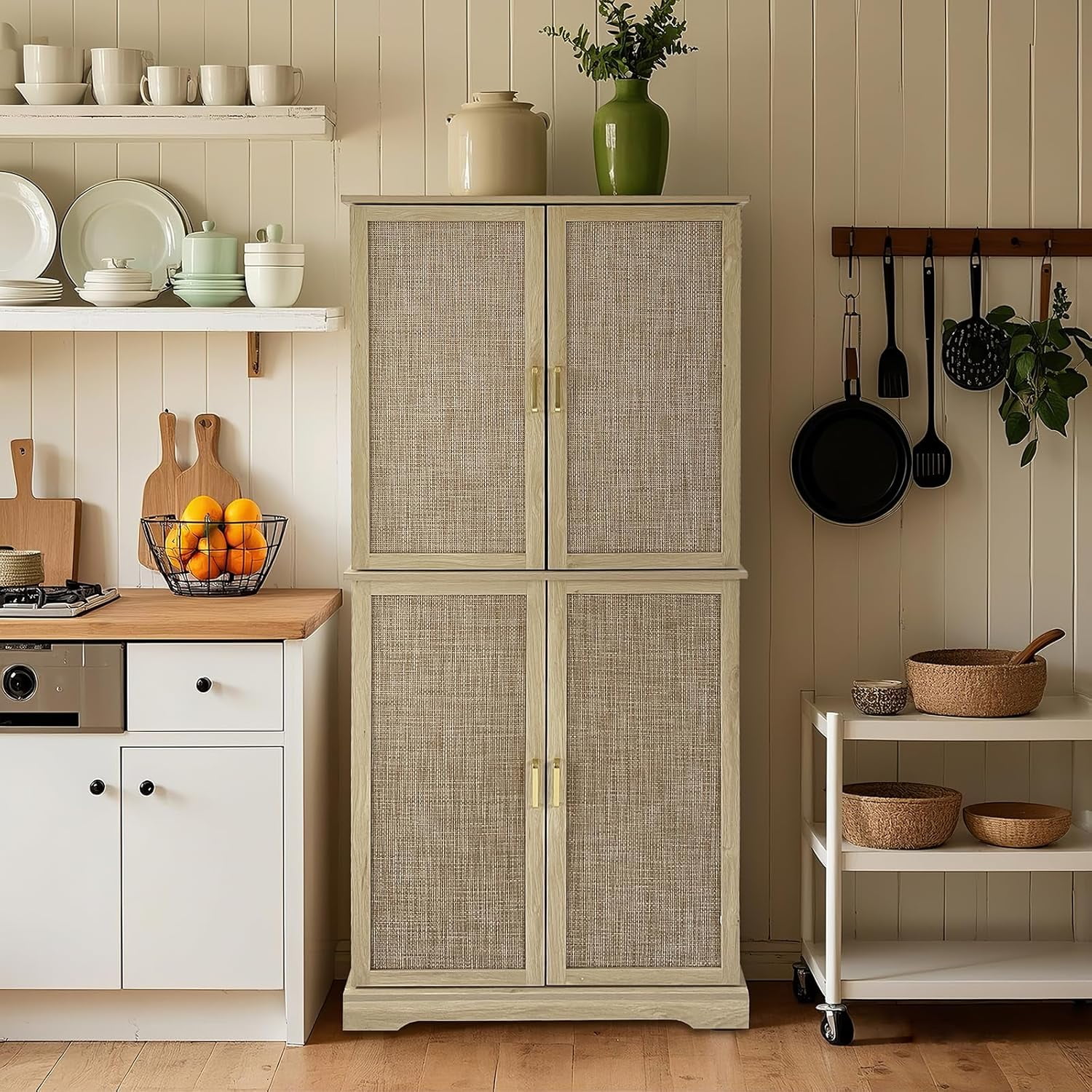 M optimized Pantry Cabinet, Kitchen Storage Cabinets with Rattan Doors ...