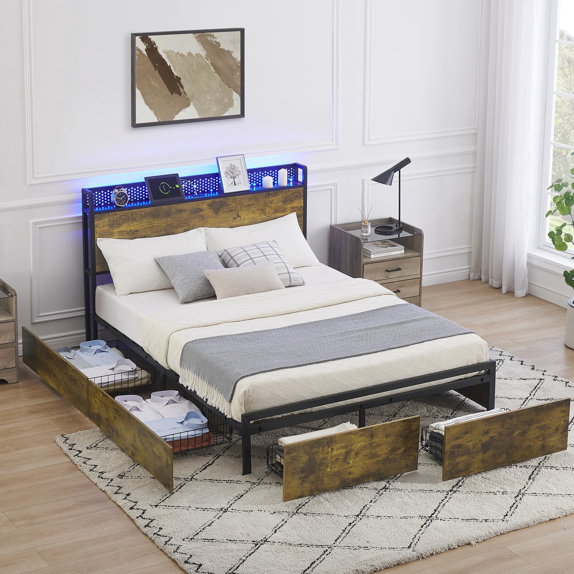 M optimized Queen Bed Frame with Storage Headboard and 6 Drawers, LED ...