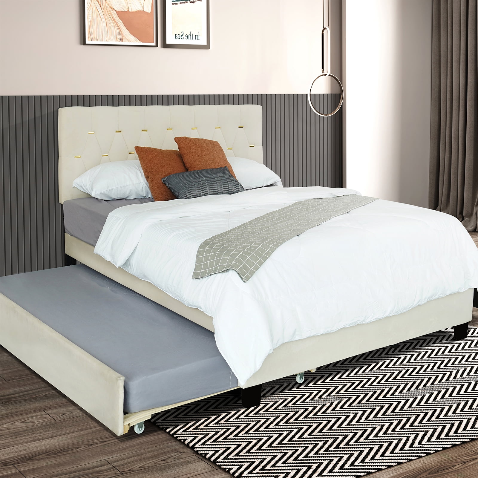 M optimized Queen Size Upholstery Bed Frame with 2 Storage Drawers and ...