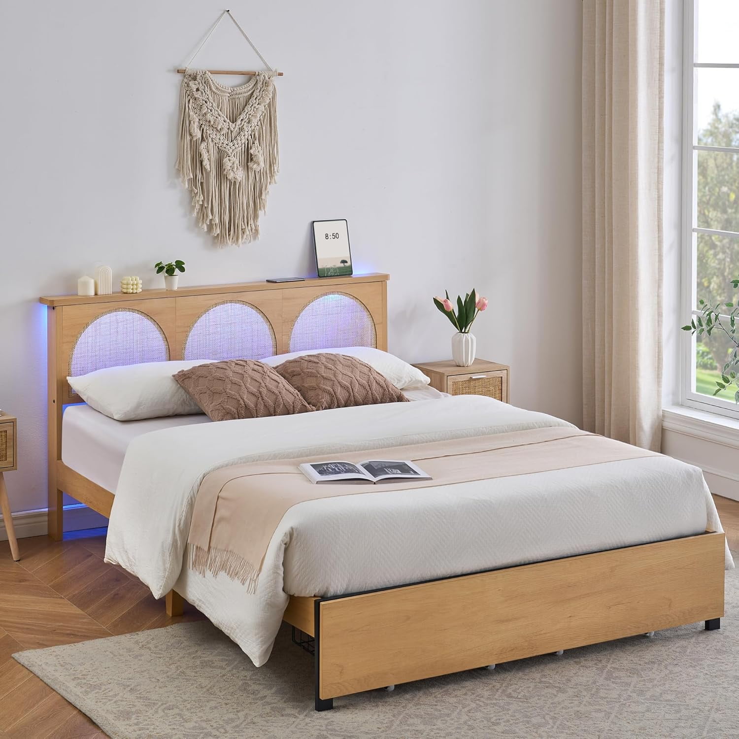 M optimized Rattan Bed Frame with Natural Rattan Headboard and Storage ...