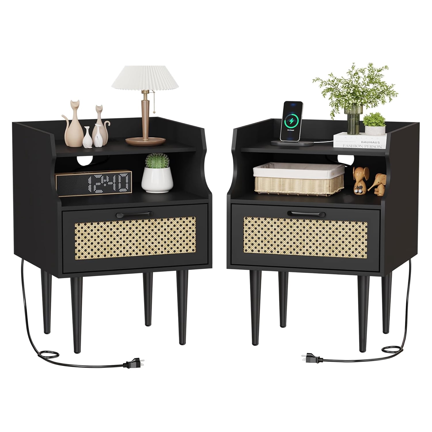 M optimized Rattan Nightstand Set of 2, Bedside Table with Charging ...
