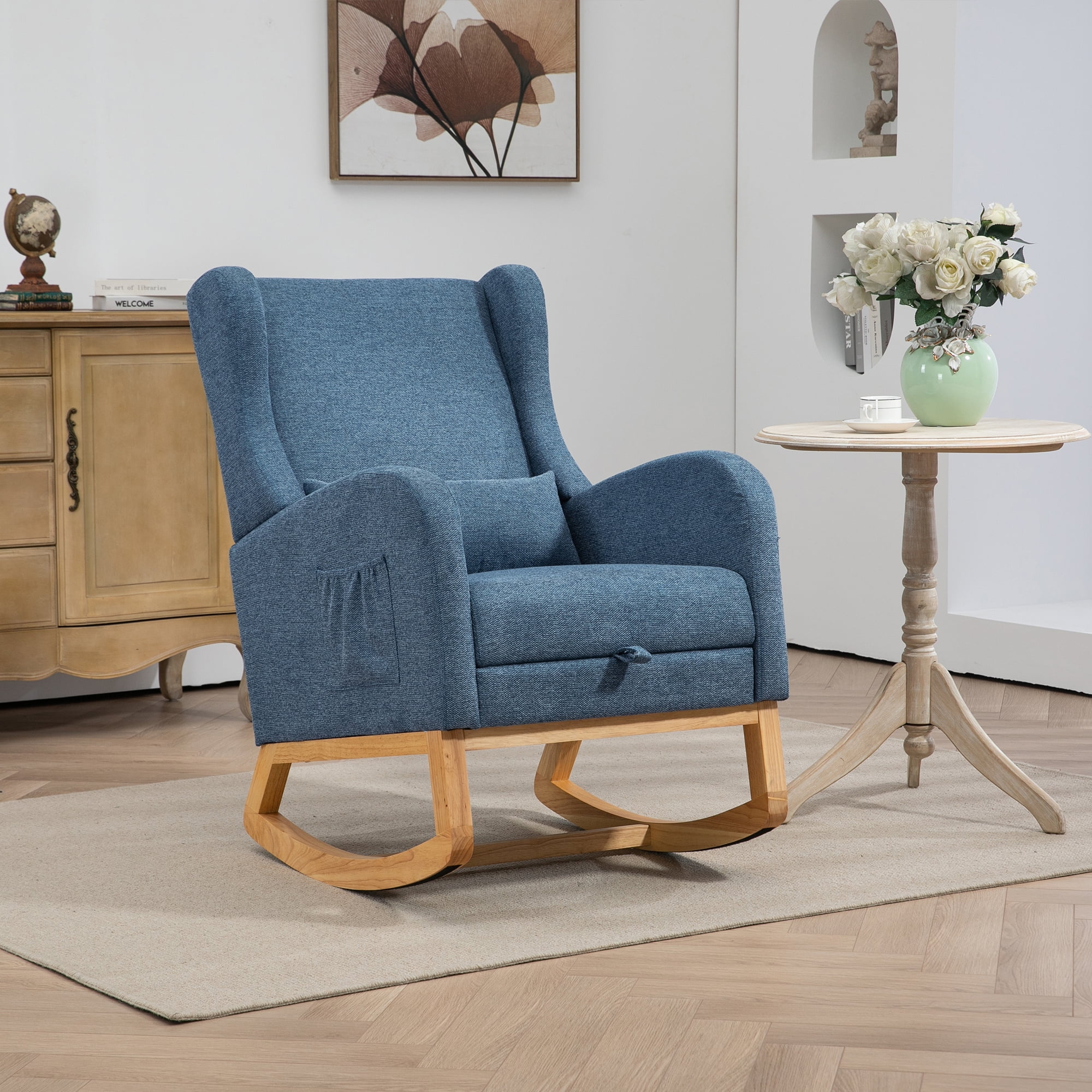 M optimized Rocking Chair Linen/Sherpa Upholstered Nursery Chair with ...
