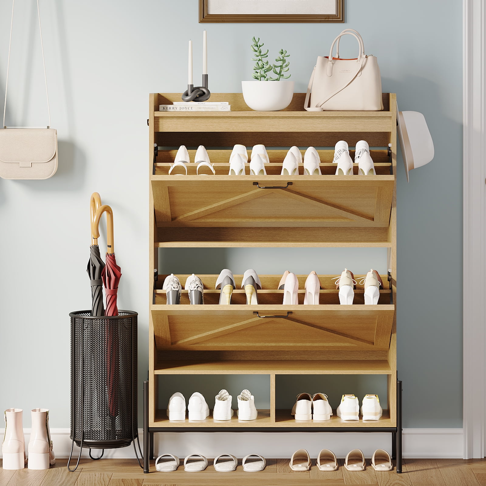 M optimized Shoe Cabinet with 2 Flip-Up Drawers and Open Shelves ...