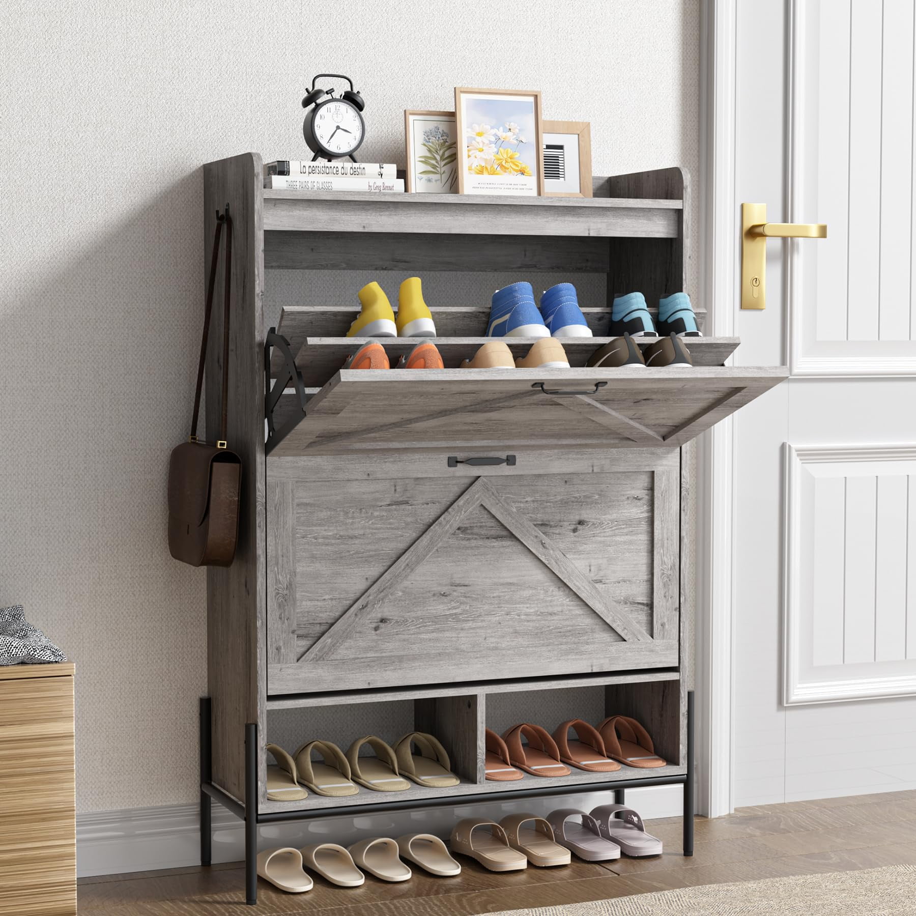 M optimized Shoe Cabinet with 2 Flip-Up Drawers and Open Shelves ...
