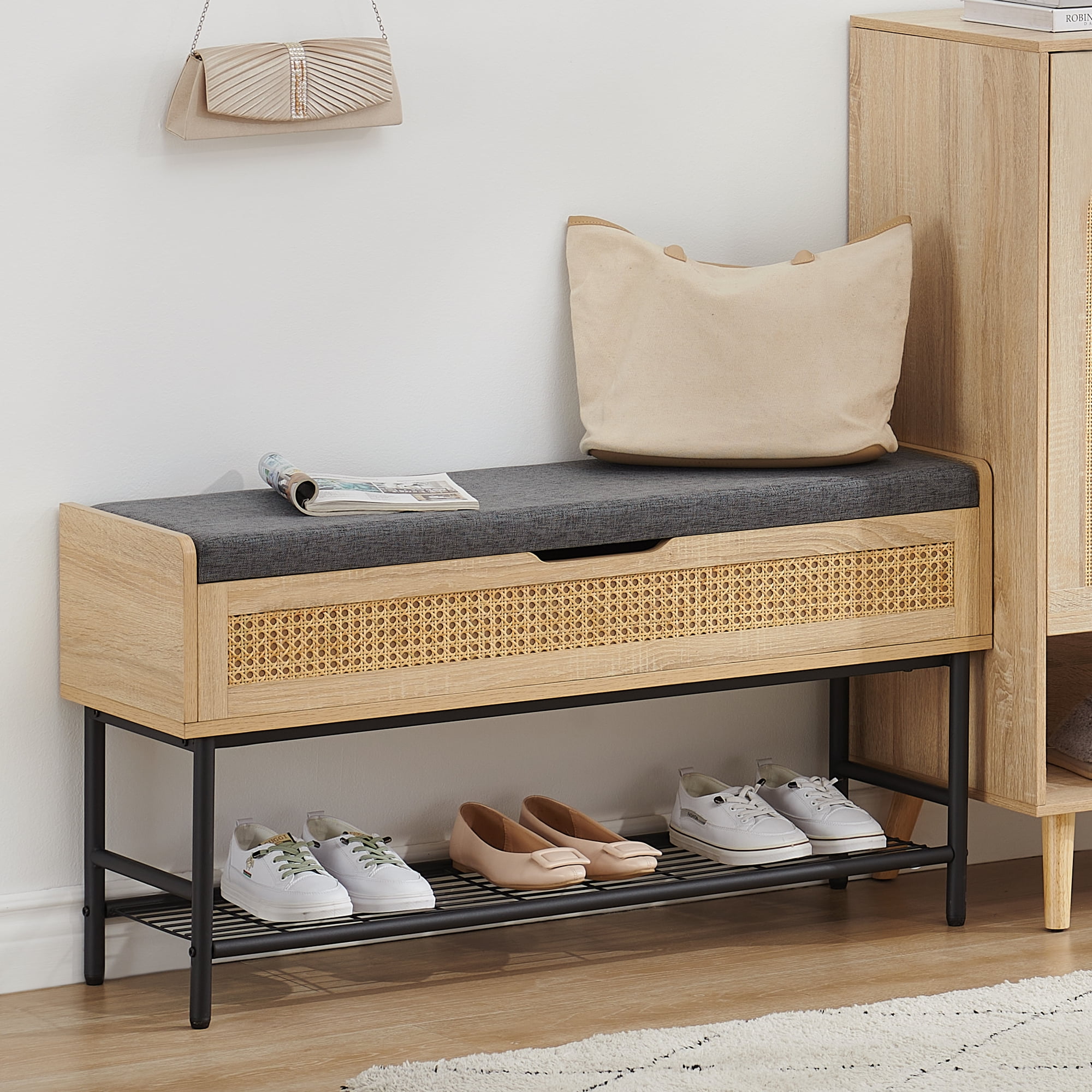 M optimized Shoe Storage Bench, Entryway Rattan Bench with Storage Box ...