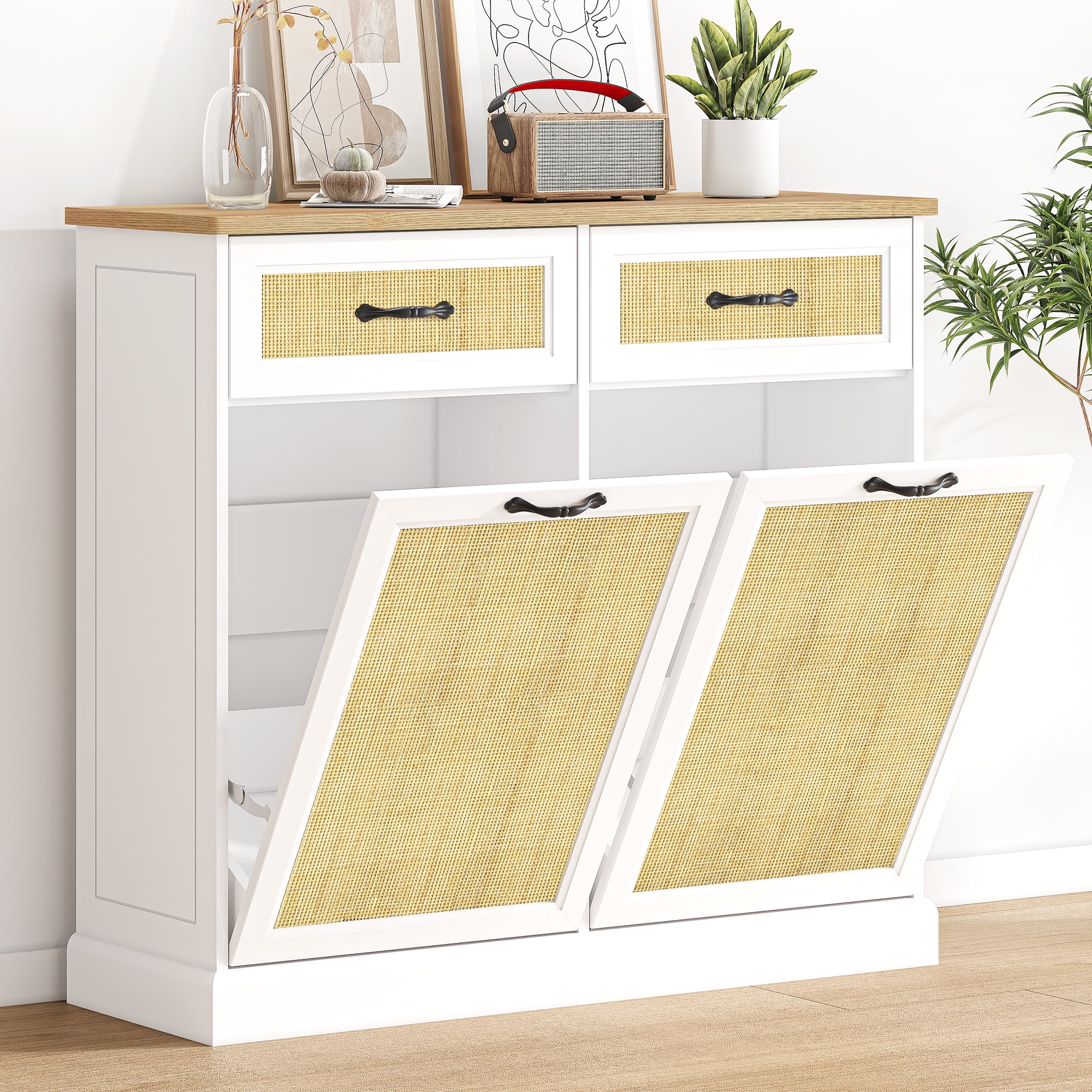 M optimized Single Double Tilt Out Trash Cabinet with Natural Rattan ...