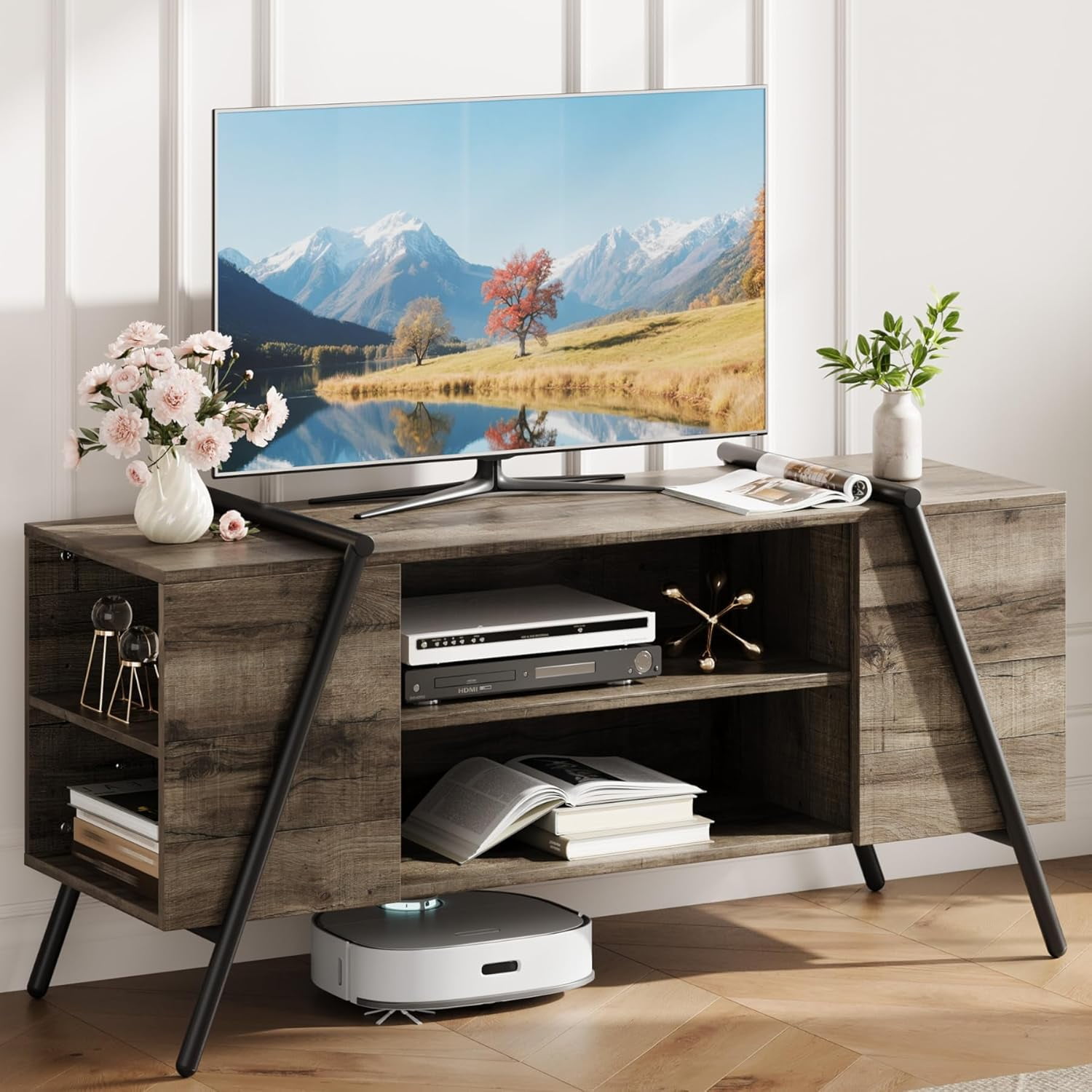 M optimized TV Stand with Slanted Metal Legs, Industrial Media Console ...