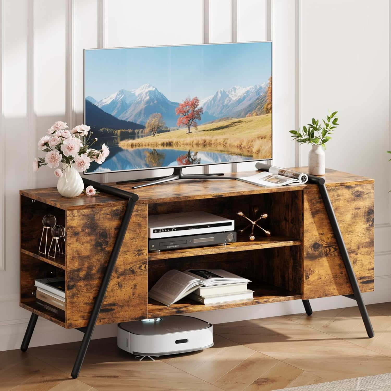 M optimized TV Stand with Slanted Metal Legs, Industrial Media Console ...
