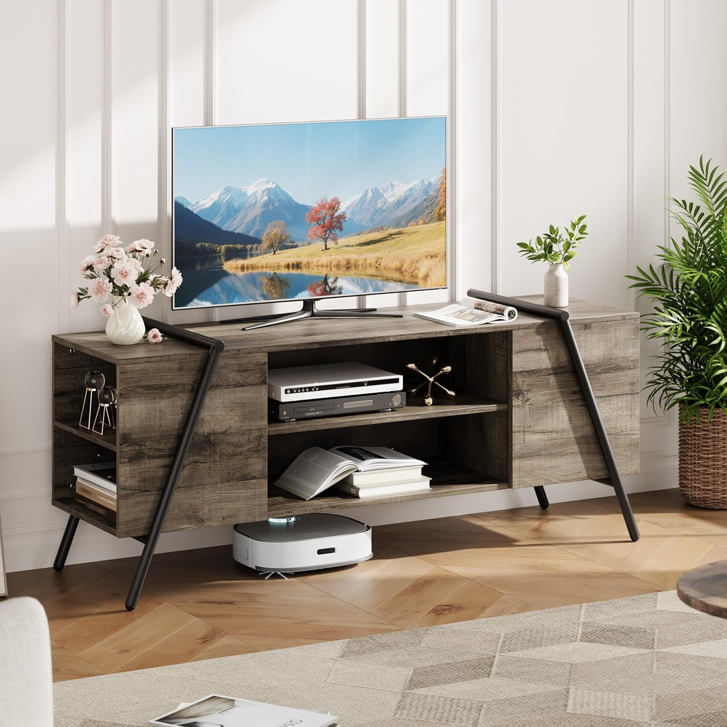 M optimized TV Stand with Slanted Metal Legs, Industrial Media Console ...