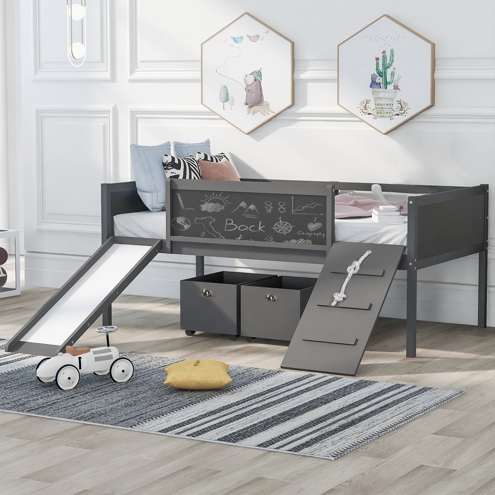 M optimized Twin Size Bed Frame for Kids Loft Bed with Climbing Frame ...
