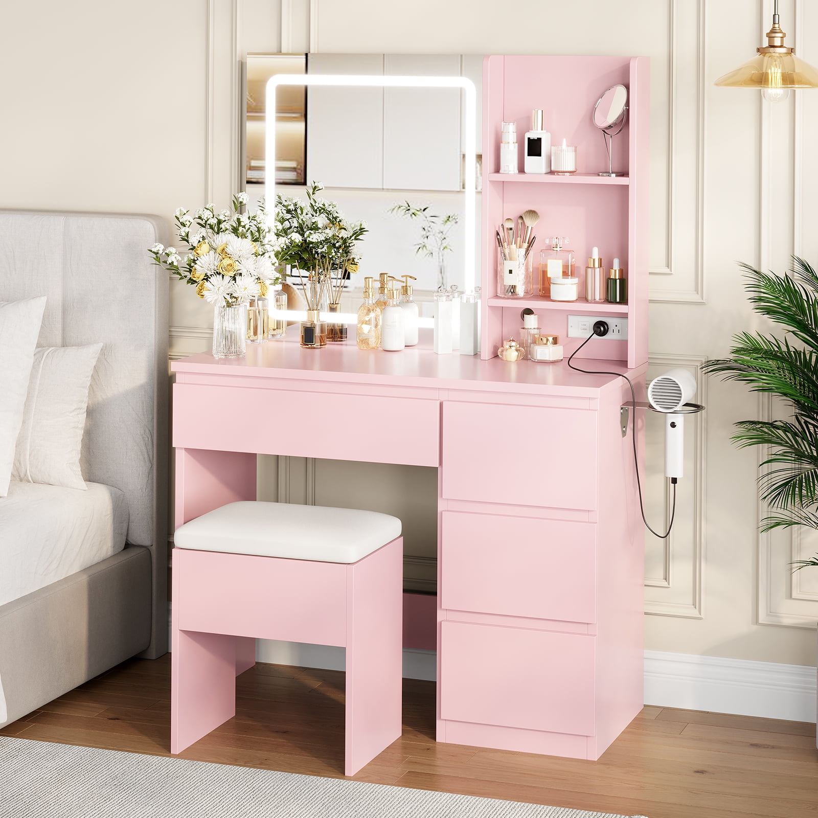 M optimized Vanity Desk with Mirror and Lights - Modern Makeup Dressing ...