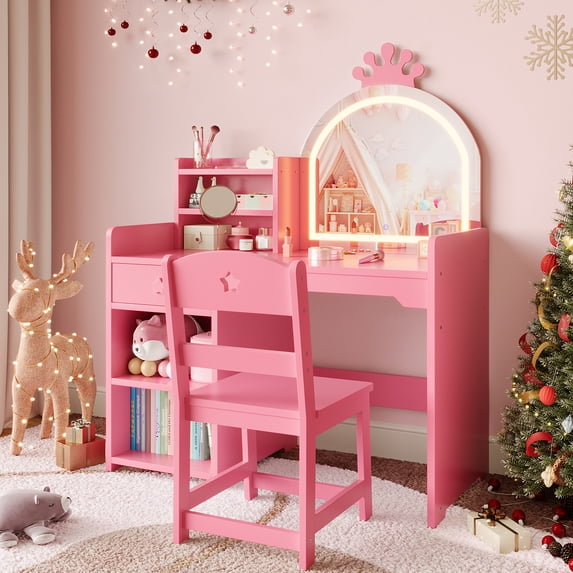M optimized Vanity Table for Kids, 2 in 1 Princess Makeup Desk with ...
