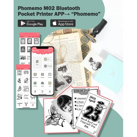 M02 Pocket Printer - Thermal Bluetooth Mini Phone Printer with 3 Rolls ...