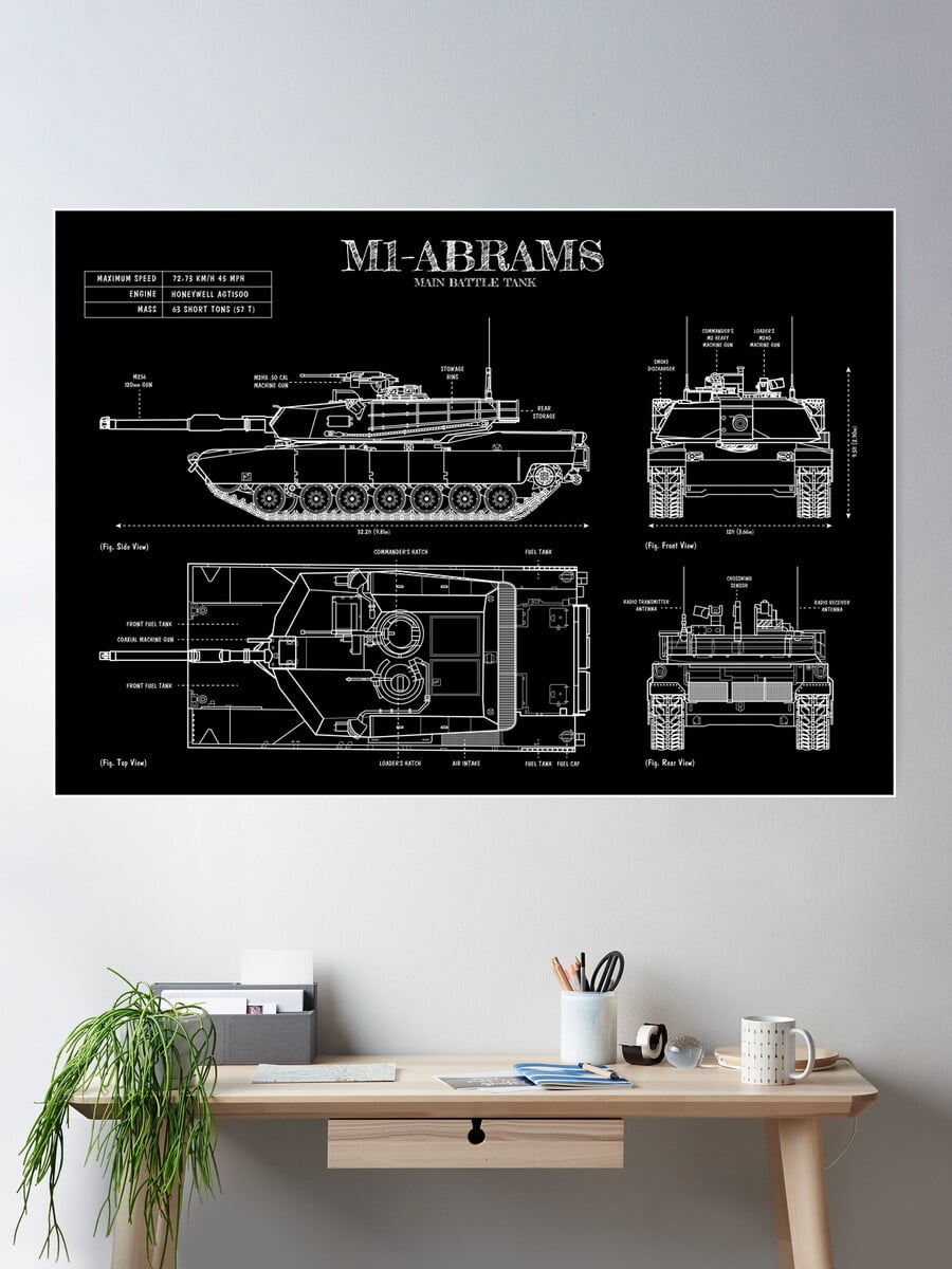 M1 Abrams- Main Battle Tank (White Stencil - No Background) Poster Wall ...