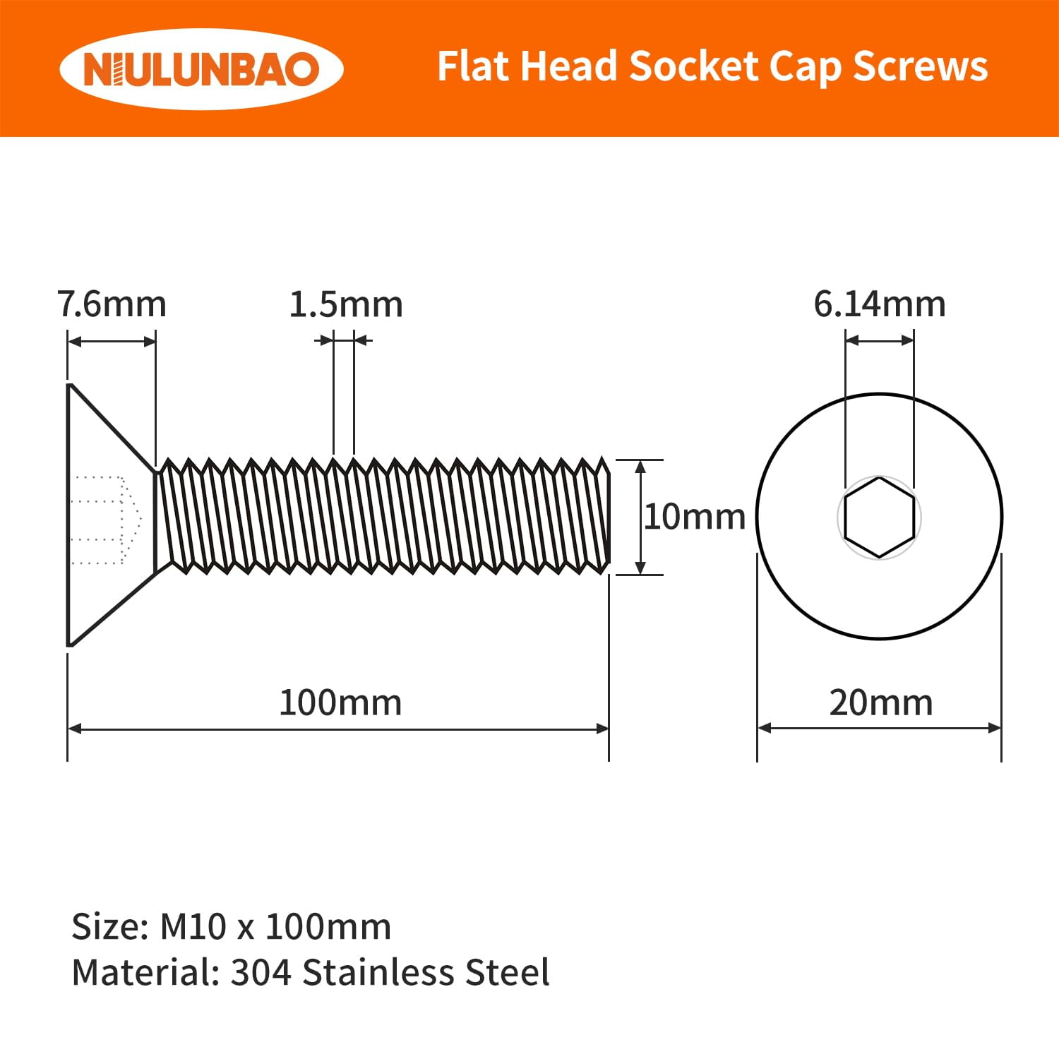M10-1.5 x 100mm Flat Head Hex Socket Cap Screws Countersunk Bolts, 304 ...