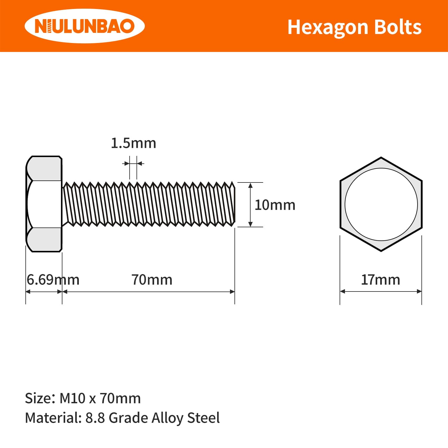 M10-1.5 x 70mm Heavy Duty Hexagon Bolts Hex Head Screws, 8.8 Grade ...