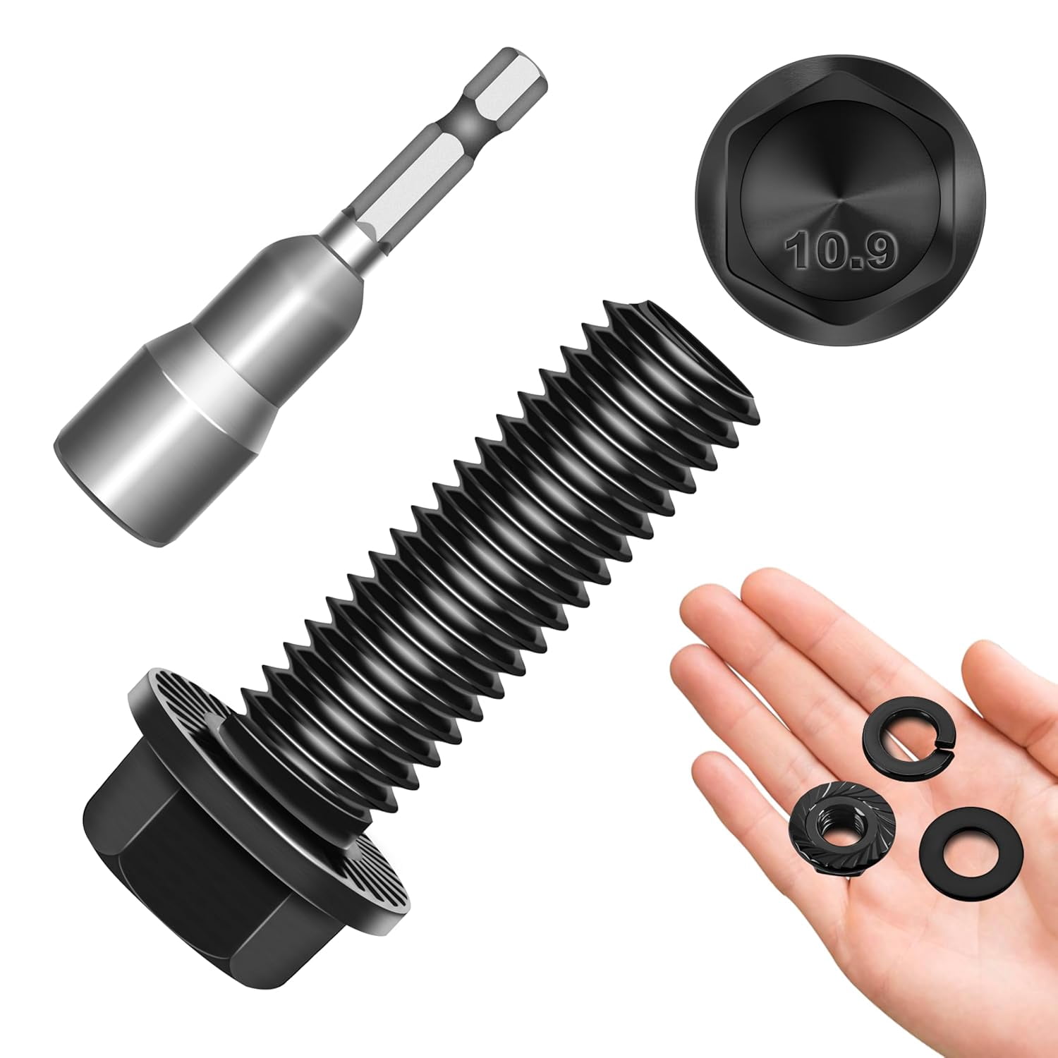 M10 x 30mm Flanged Hex Head Bolt and Nut Set (10 Sets) - M10x1.5 Black ...
