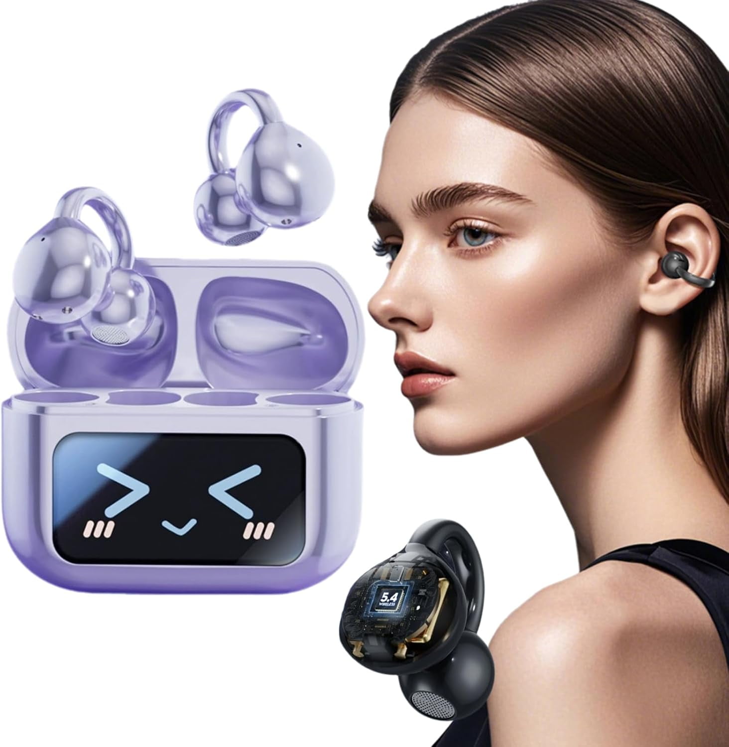 M100 Clip On Ear Headphones, Co2 Clip Earbuds, V5.4 Chip | Multi Functional LED Screen | Noise ...