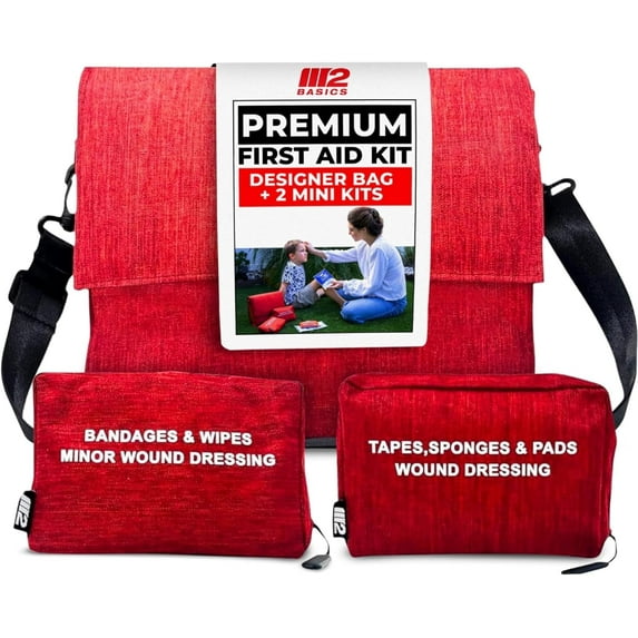 M2 BASICS Premium First Aid Kit (Includes 2 Mini Kits + Stylish Bag) Luxury Red - Walmart.com