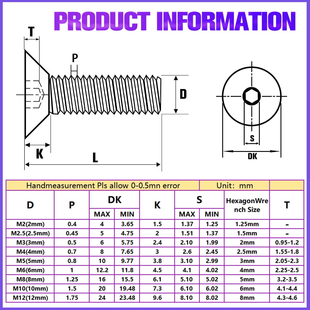 M2 M2.5 M3 M4 M5 M6 M8 M10 304 Stainless Steel Allen Countersunk Flat Wafer Head Screw Hexagon ...