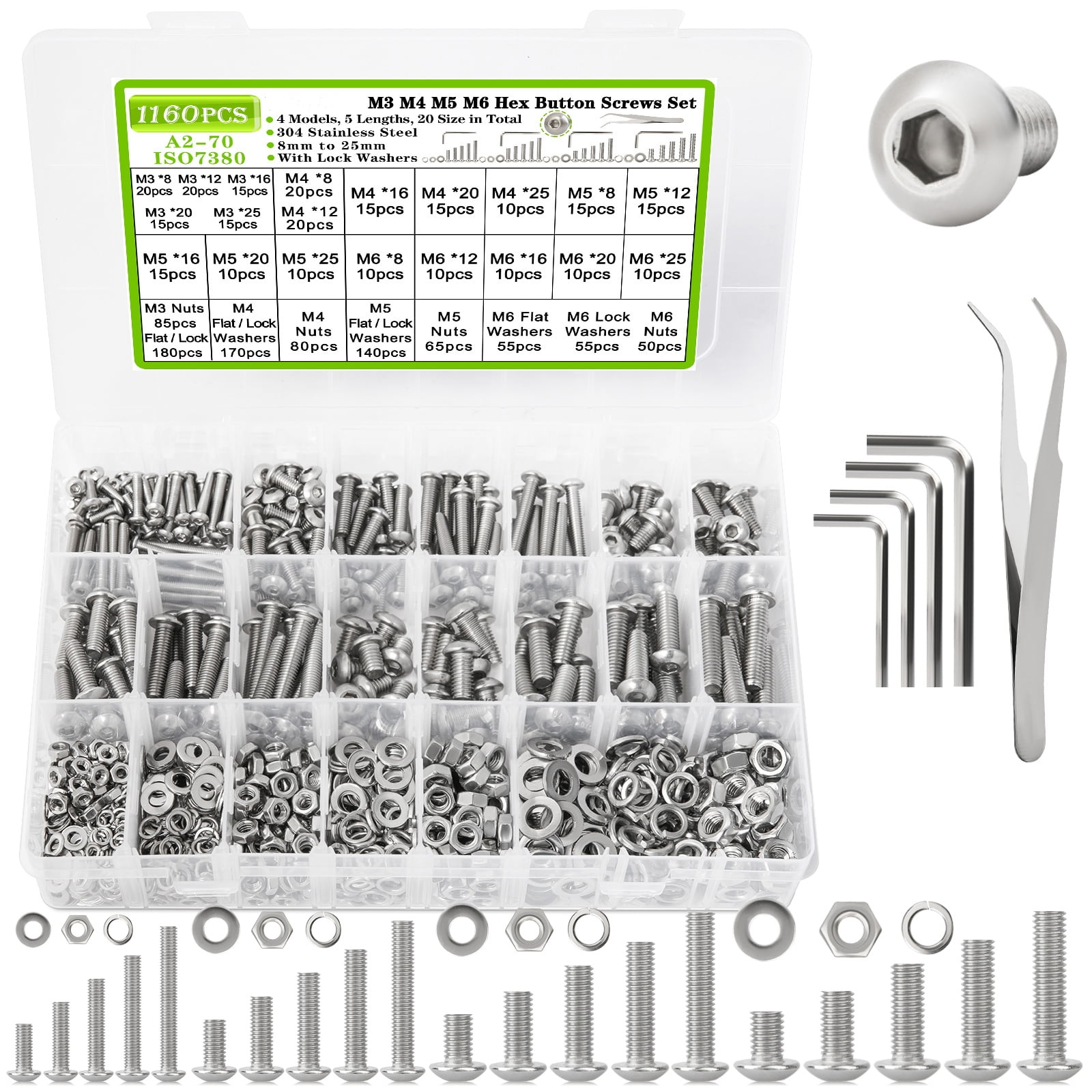 M3/M4/M5/M6 Nuts and Bolts Assortment Kit, 1160Pcs Hex Button Head Cap Metric Machine Screws ...