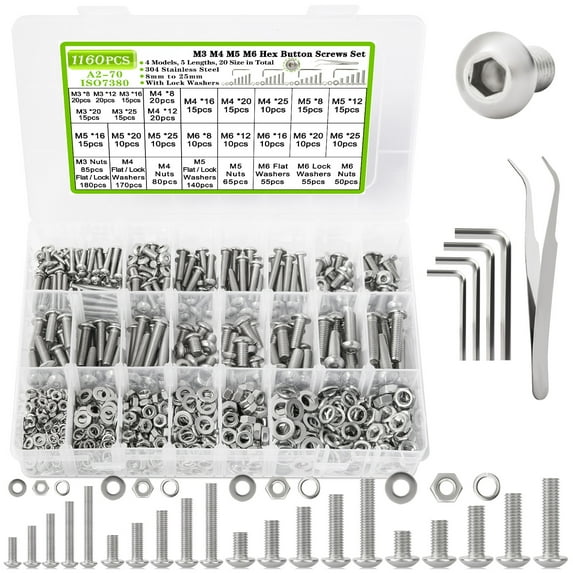 M3/M4/M5/M6 Nuts and Bolts Assortment Kit, 1160Pcs Hex Button Head Cap Metric Machine Screws ...