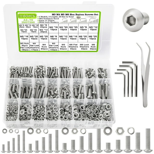 M3/M4/M5/M6 Nuts and Bolts Assortment Kit, 1160Pcs Hex Button Head Cap ...
