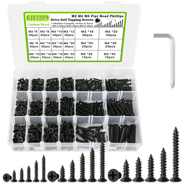 M3/M4/M5 Self Tapping Screws, 512Pcs Phillips Flat Head Wood Screws Assortment Kit for Wood ...