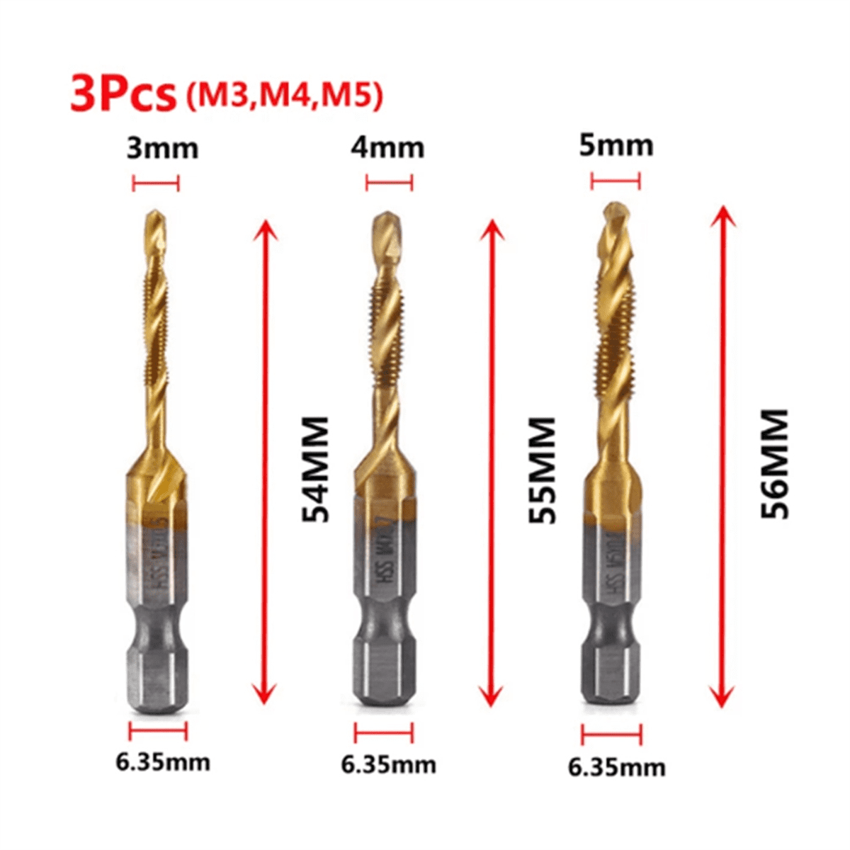 M3++M5 Hex Shank Titanium Plated HSS Screw Thread Metric Tap Drill Bits ...