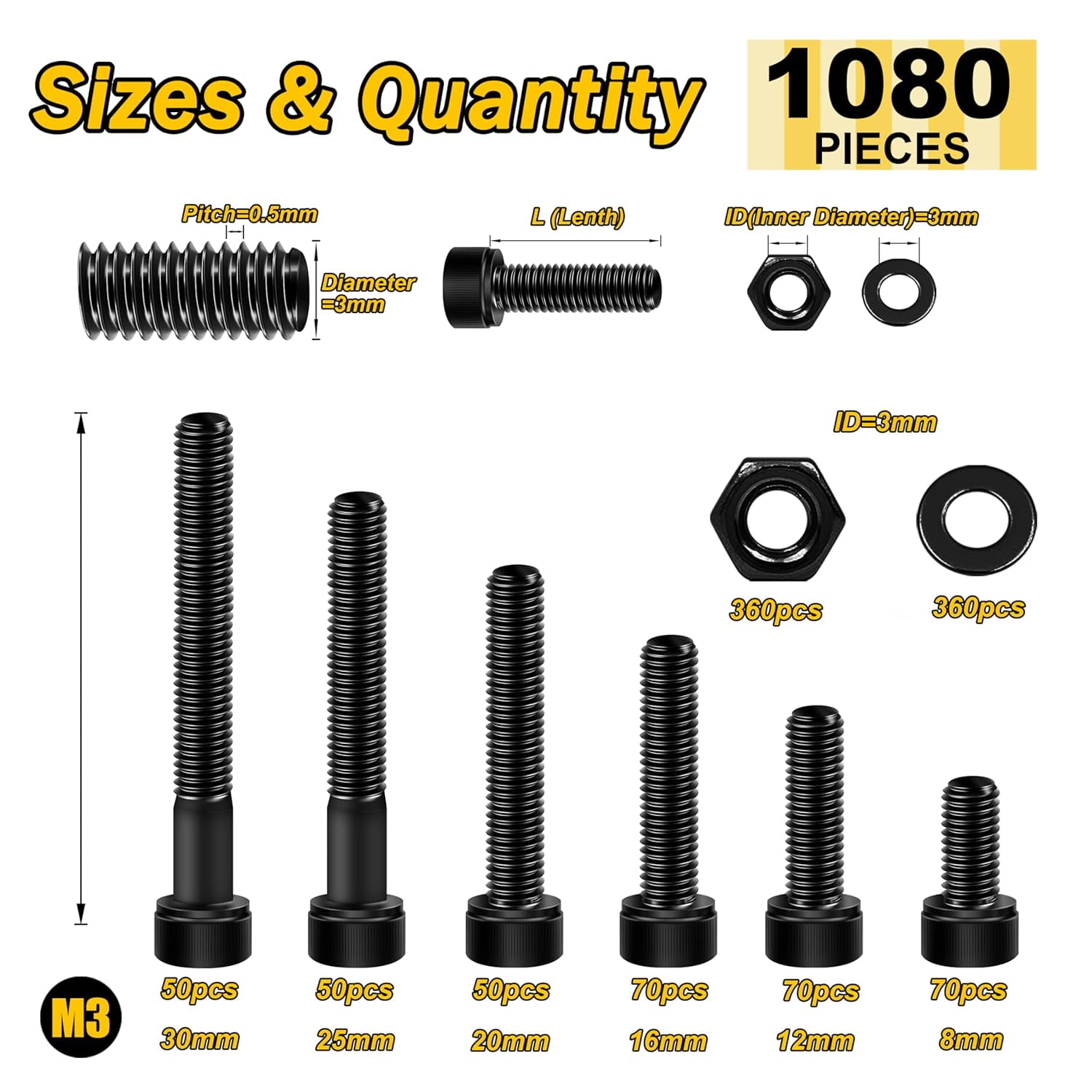 M3 Screw Kit, Metric Bolt Assortment M3 Nuts Washers, 1080 Pcs Metric Screw Assortment Kit, Hex ...