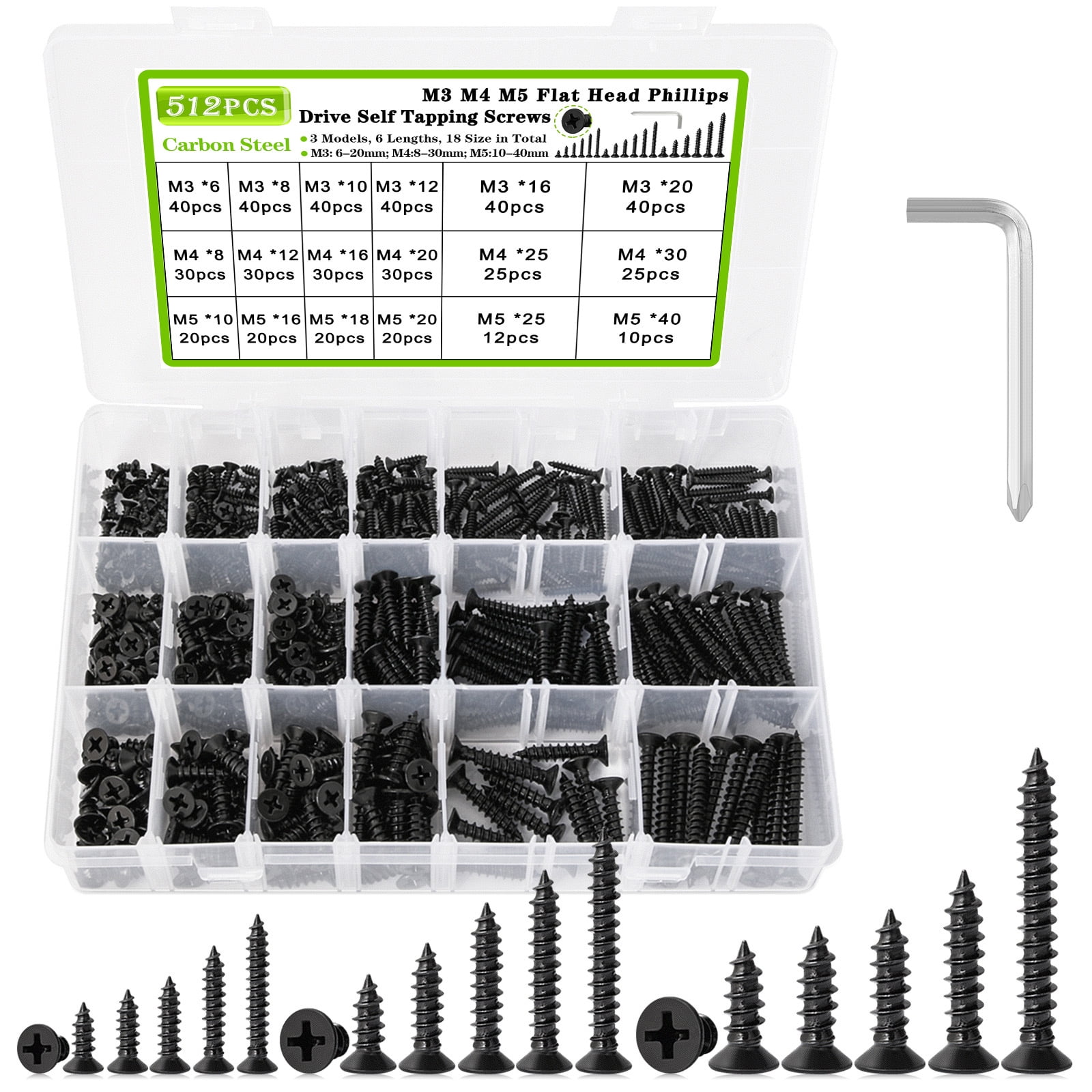 340PCS M3 Self Tapping Screws Wood Screws Assortment Kit Flat Head Wood ...