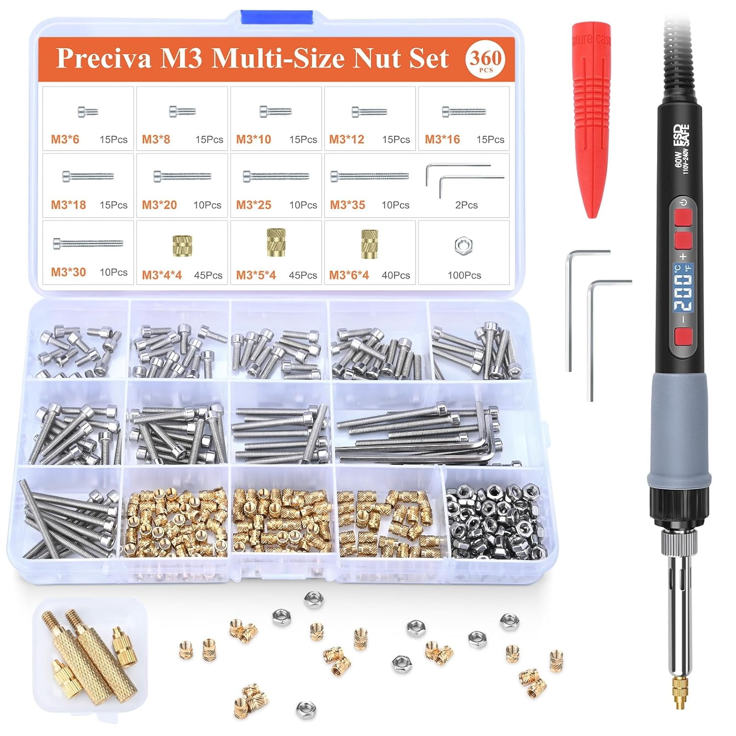 M3 Threaded Inserts Set, 360Pcs Heat Set Bolts Nuts with M3 Insert Tip ...