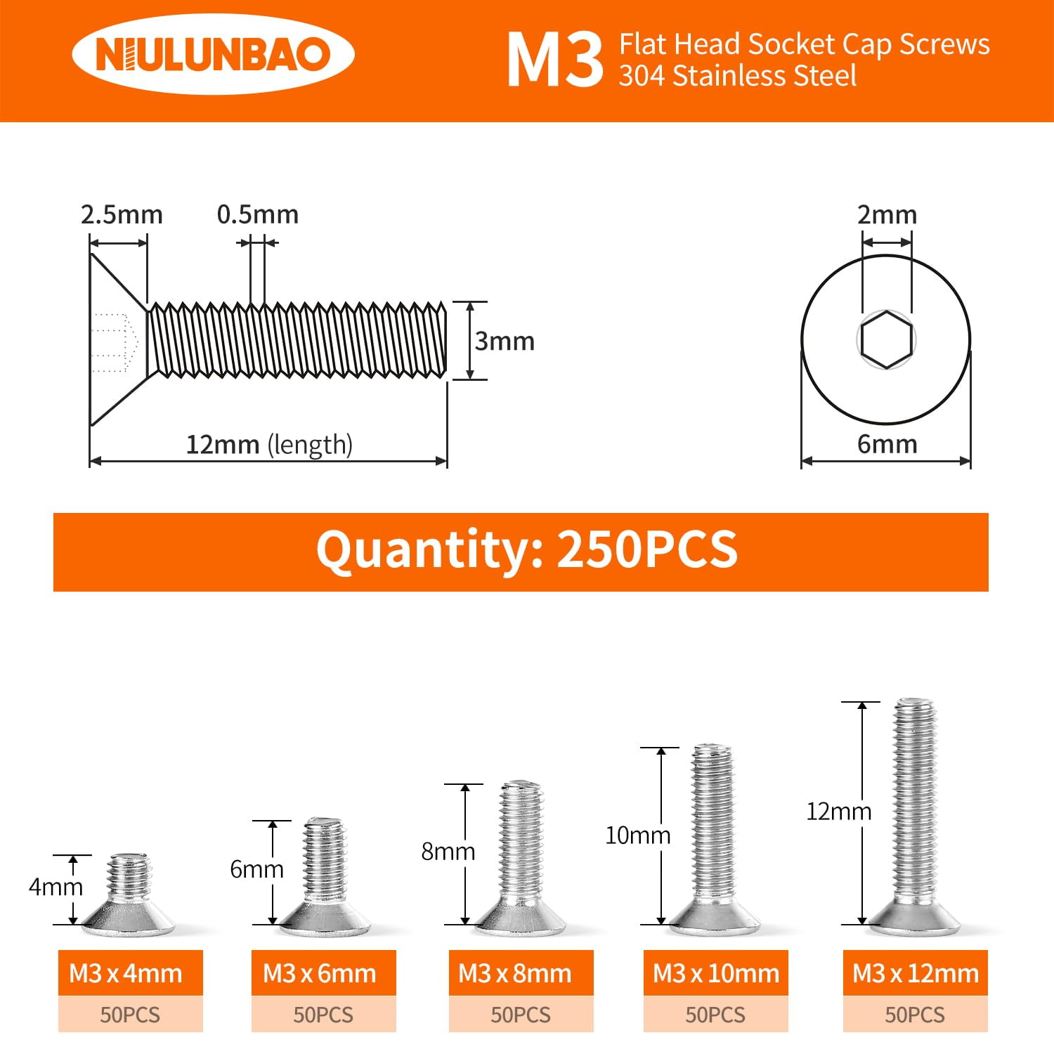 M3 x 4mm 6mm 8mm 10mm 12mm Flat Head Socket Cap Screws Countersunk ...