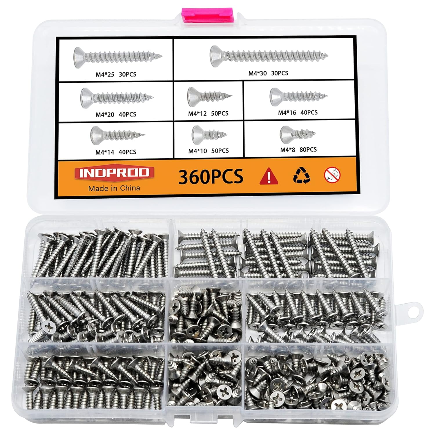 M4 Flat Head Self Tapping Wood Screws Assortment Fasteners Kit 360Pcs,Phillips Drive Countersunk ...
