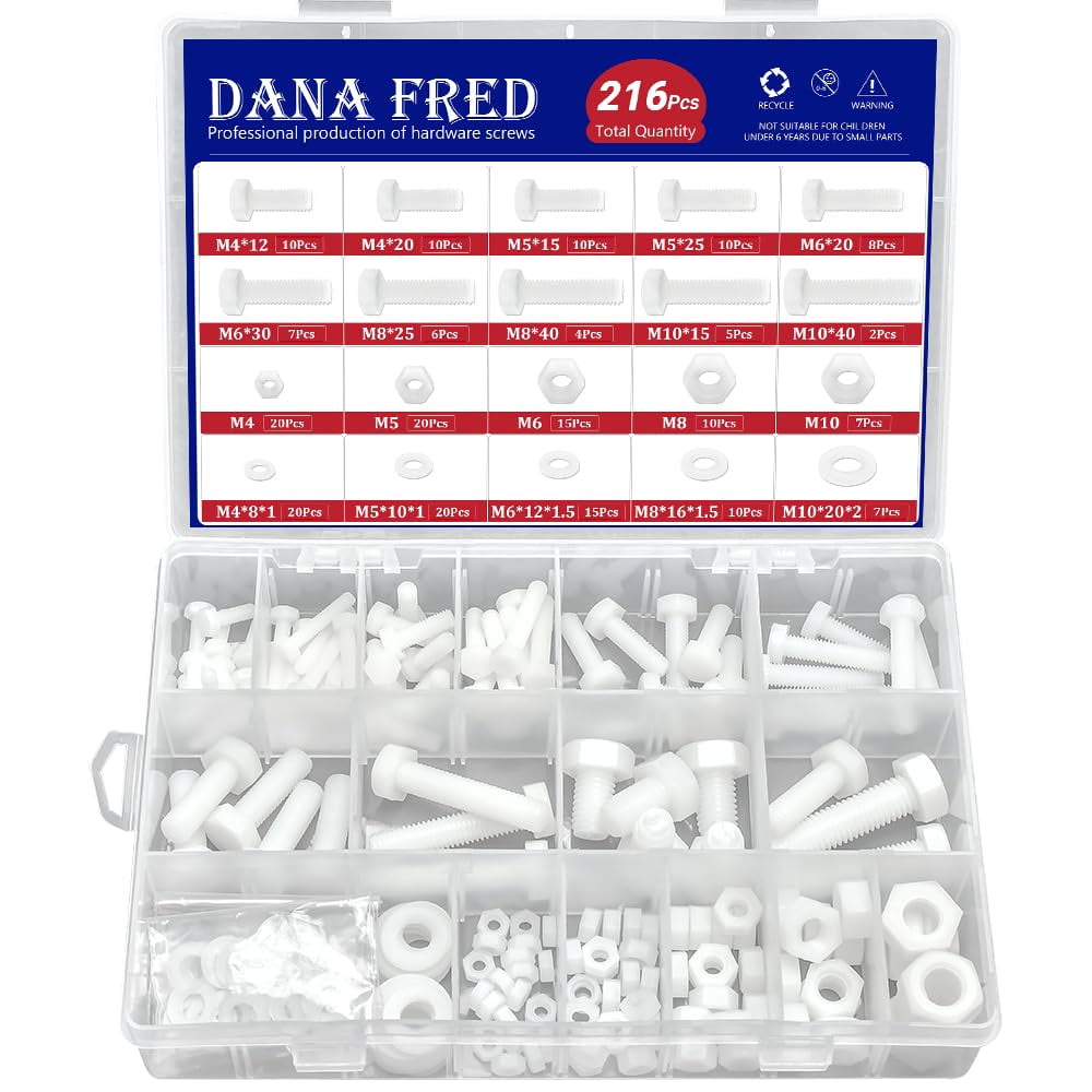 M4 M5 M6 M8 M10 White Nylon Hex Bolt Nut Washer Kit,216 Pieces Metric ...