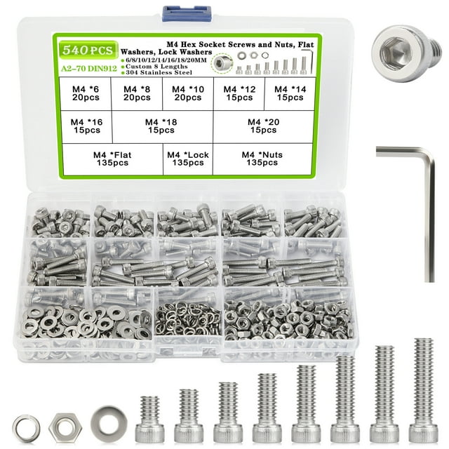 M4 Nuts and Bolts Assortment Kit 540PCS, 304 Stainless Steel Hex Socket Head Cap Machine Screws ...