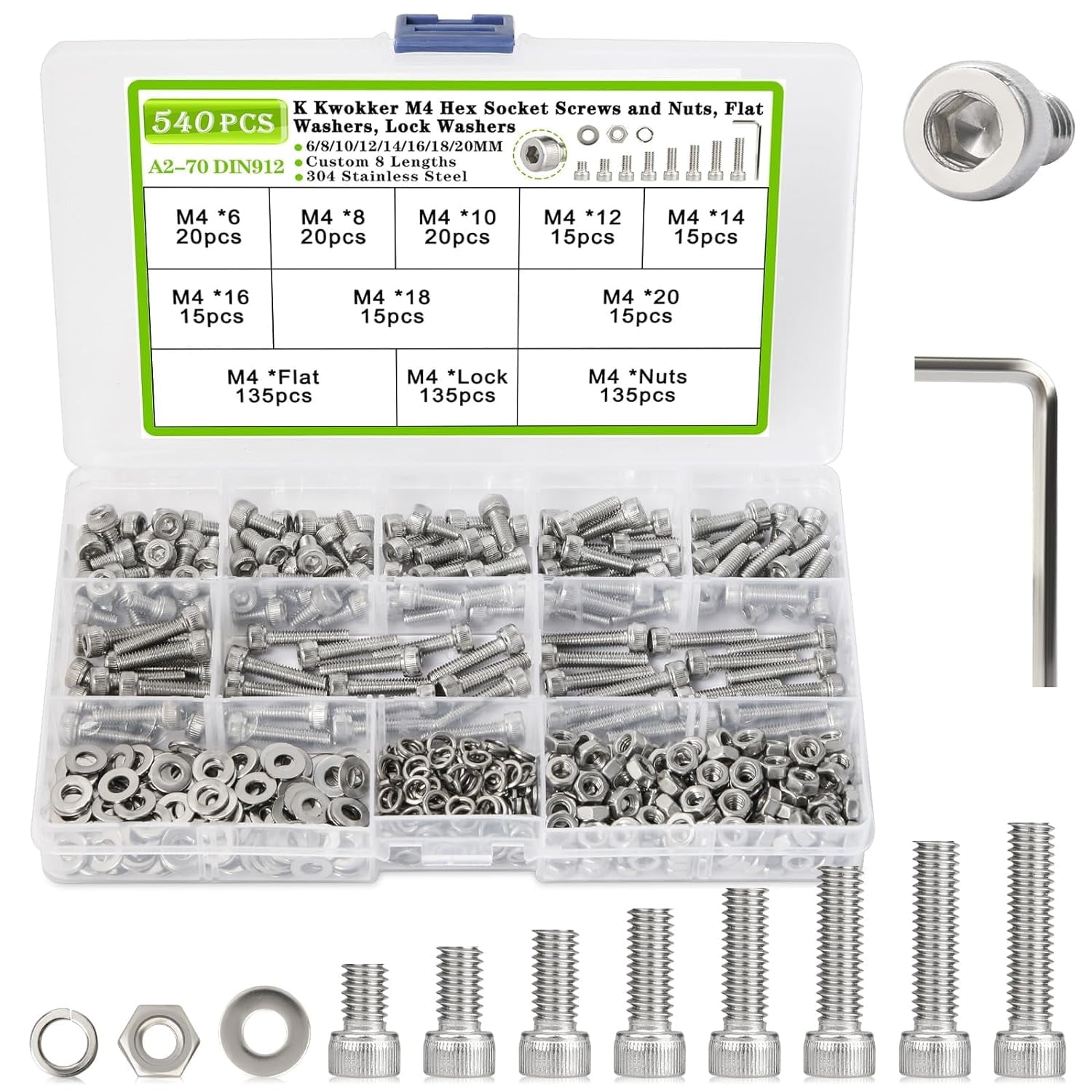 M4 Nuts and Bolts Assortment Kit 540PCS, 304 Stainless Steel Hex Socket Head Cap Machine Screws ...